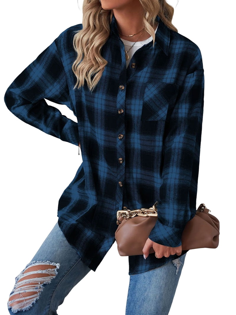Womens Button Down Flannel Shirts Long Sleeve Plaid Shackets Business ...