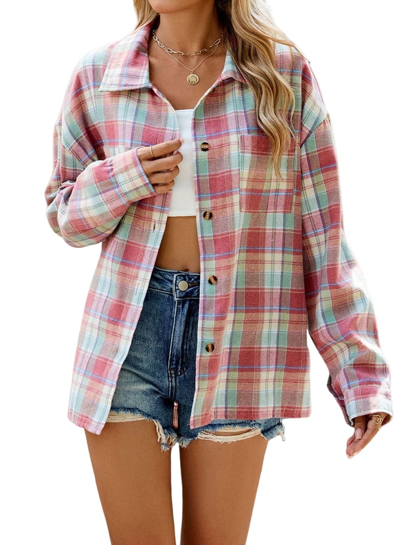 Womens Button Down Flannel Shirts Long Sleeve Plaid Shackets Business ...