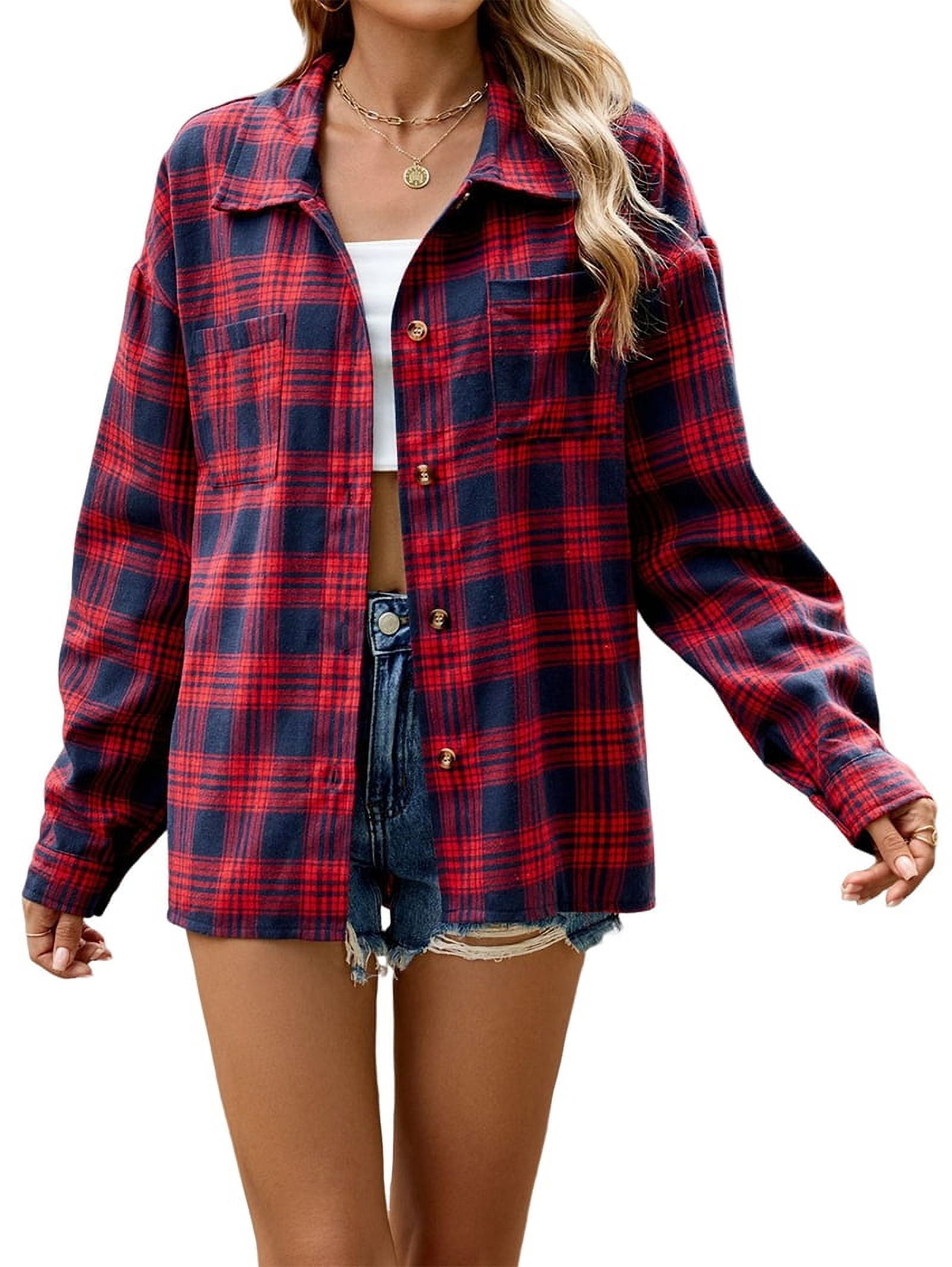 Womens Button Down Flannel Shirts Long Sleeve Plaid Shackets Business ...