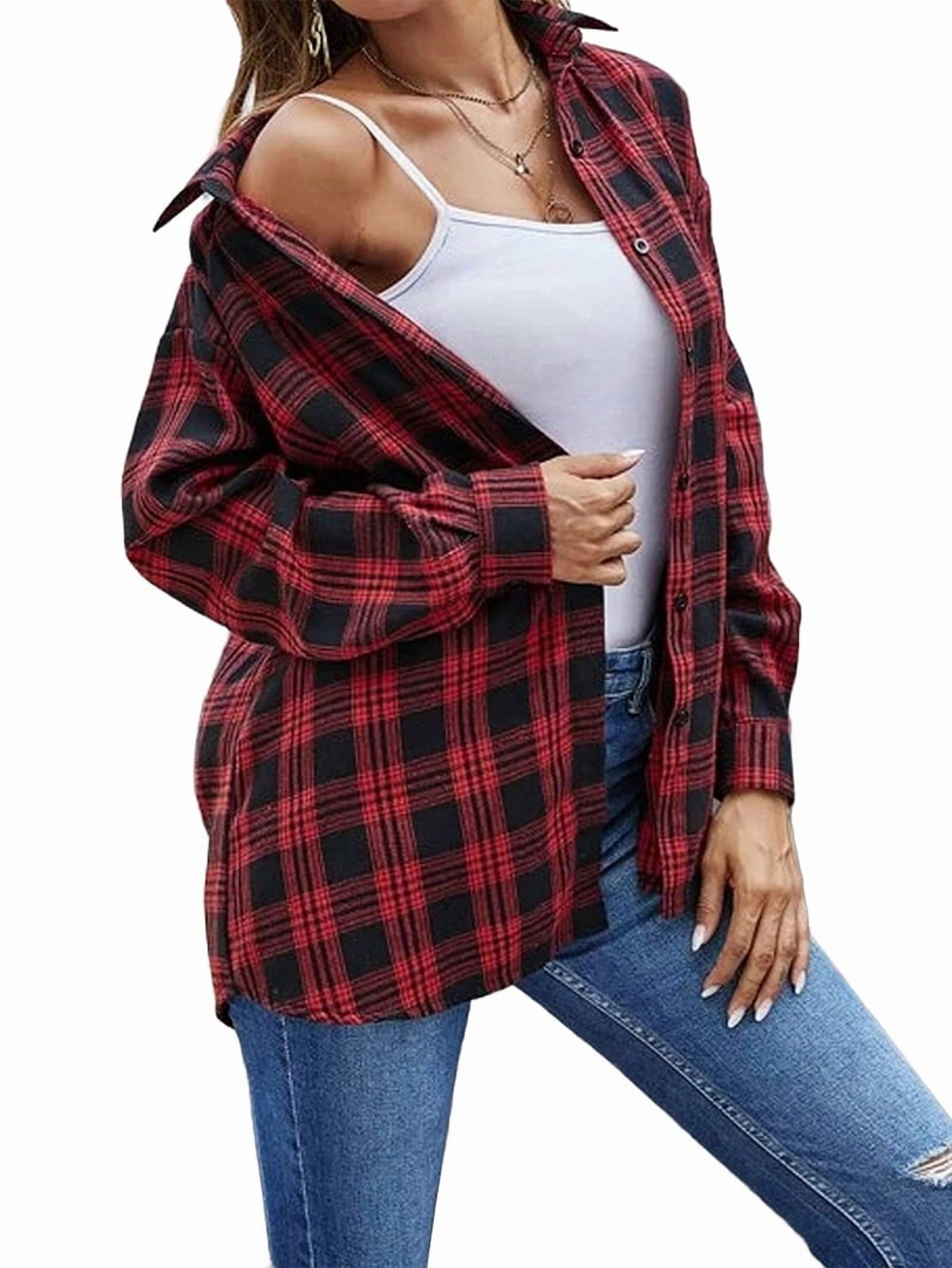 Womens Button Down Flannel Shirts Long Sleeve Plaid Shackets Business ...