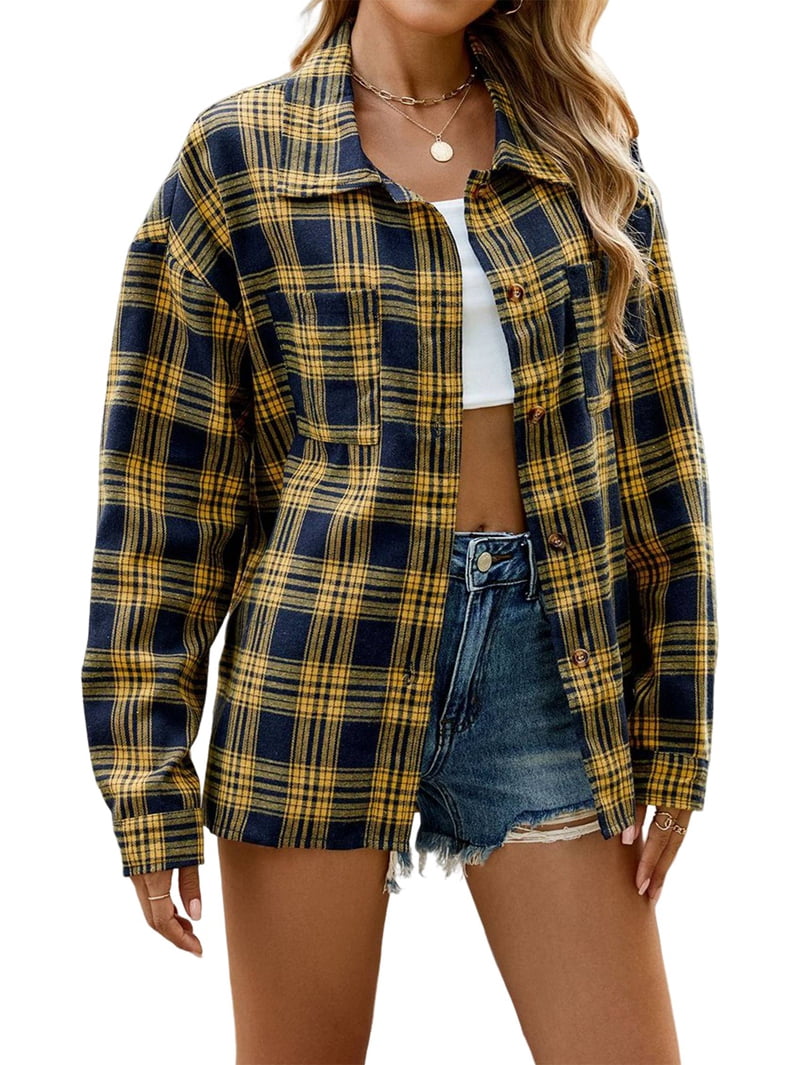Womens Button Down Flannel Shirts Long Sleeve Plaid Shackets Business ...
