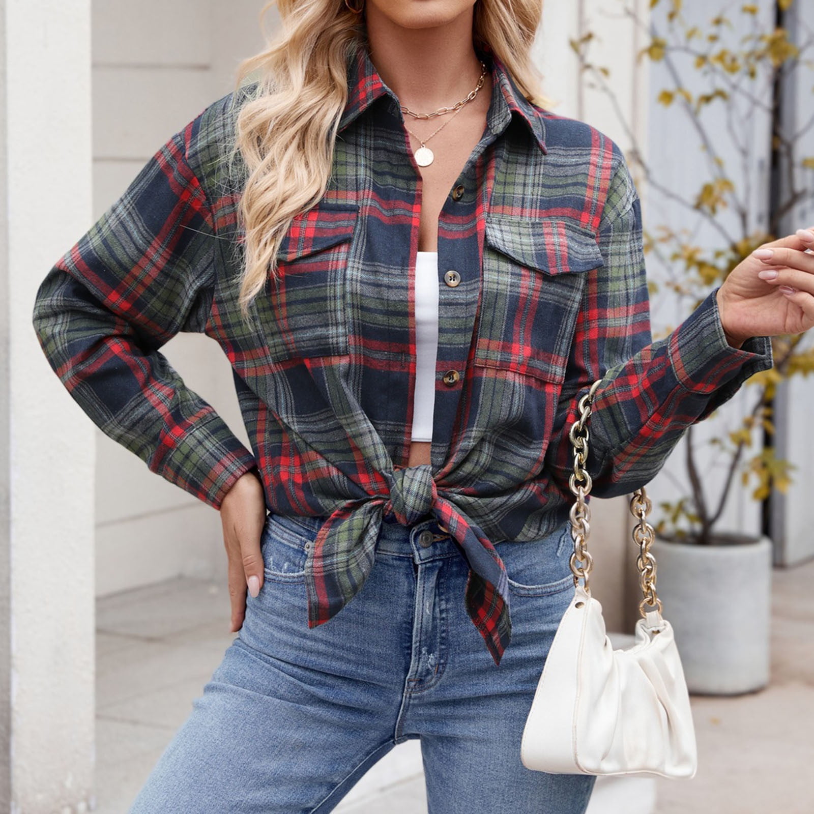 Womens Button Down Flannel Shirts Long Sleeve Plaid Shackets Business ...