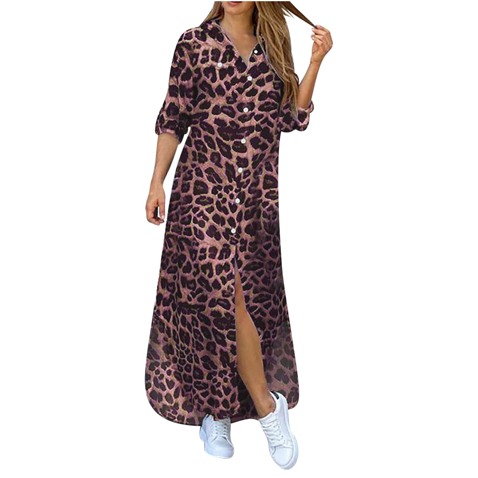 Womens Button Down Leopard Print Shirt Dress Rolled Long Sleeve Maxi ...
