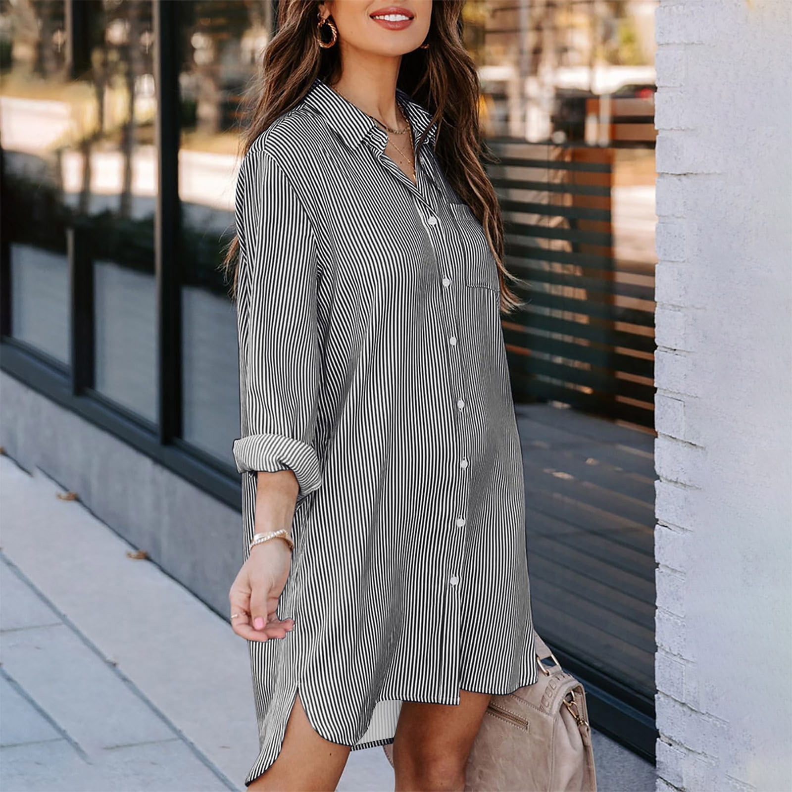 Womens Button Down Shirt Dresses with Pockets Cotton Striped Shirts Collared Tunics Long Sleeve ...