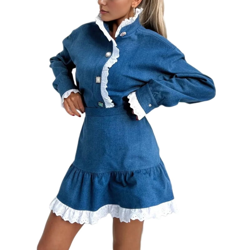 Womens Button Front Street Vintage Style Denim Dress Short Sleeve ...