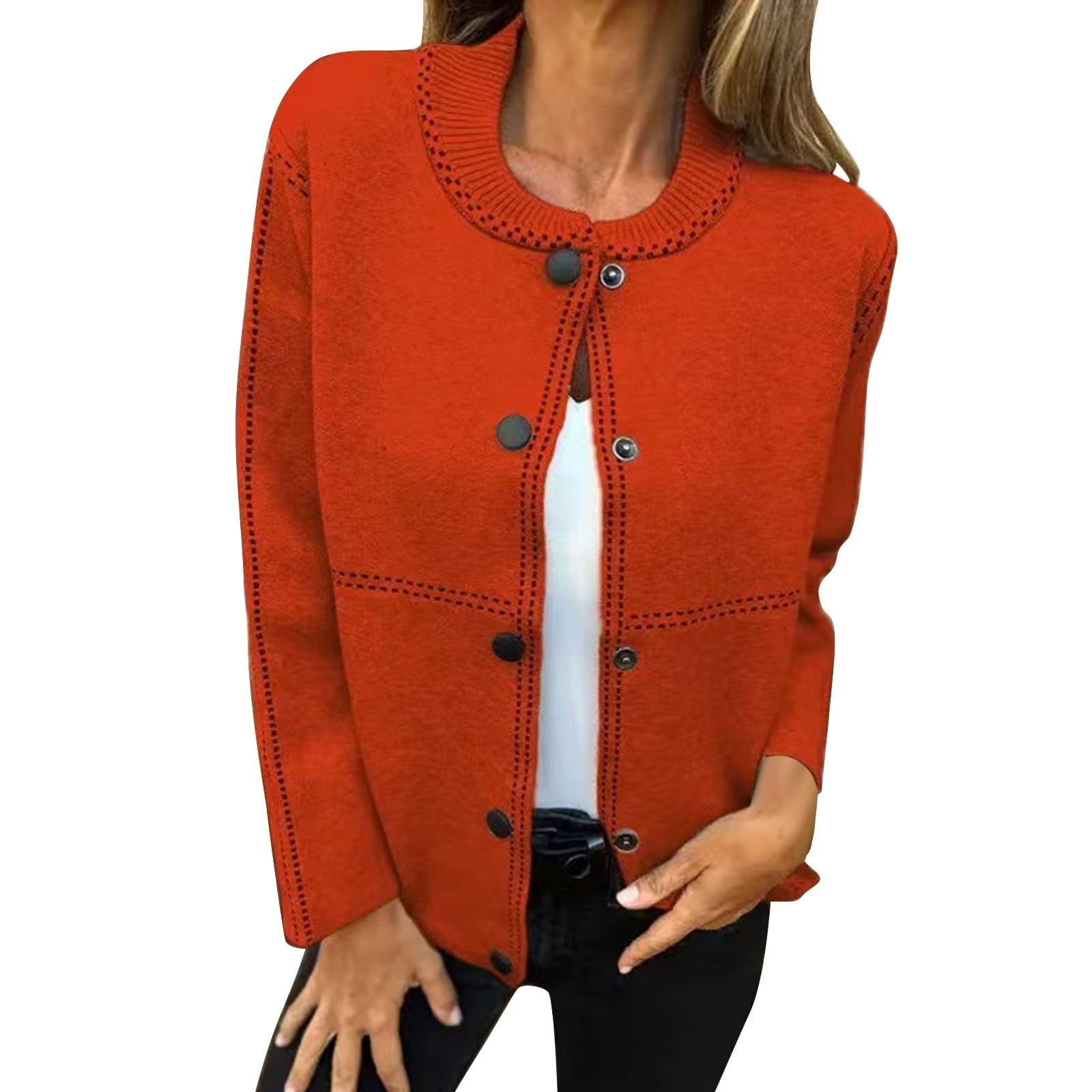 Womens Button Up Cardigans Long Sleeve Dressy Casual Sweater Crew Neck ...