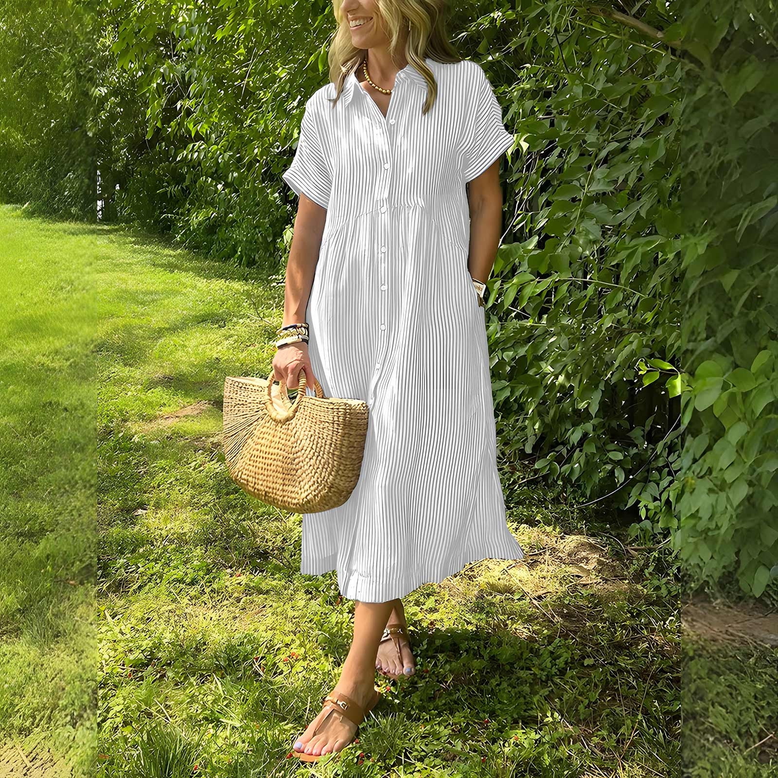 Womens Button Up Shirt Dress with Pockets Striped Summer Casual Mid ...