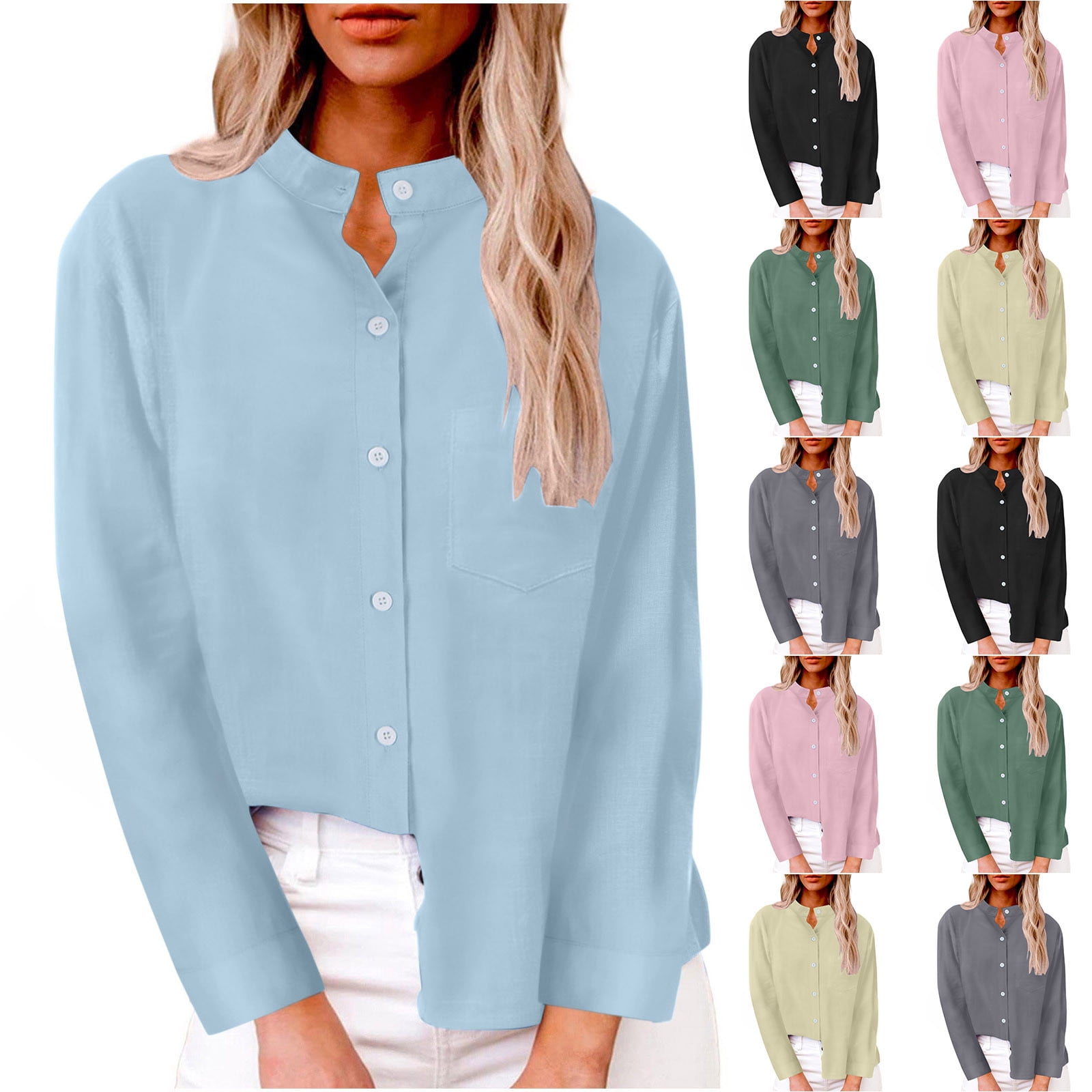 Womens Button Up Shirts 3/4 Sleeve Collarless Solid Color Loose Button ...