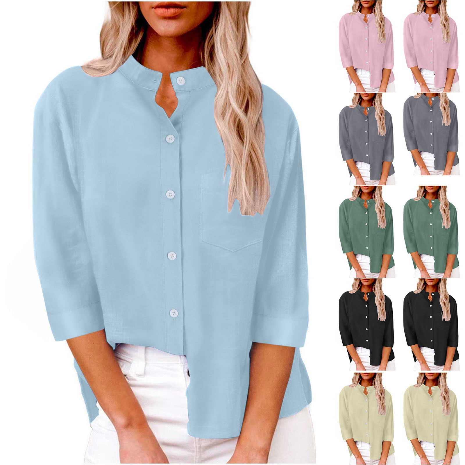 Womens Button Up Shirts 3/4 Sleeve Collarless Solid Color Loose Button ...