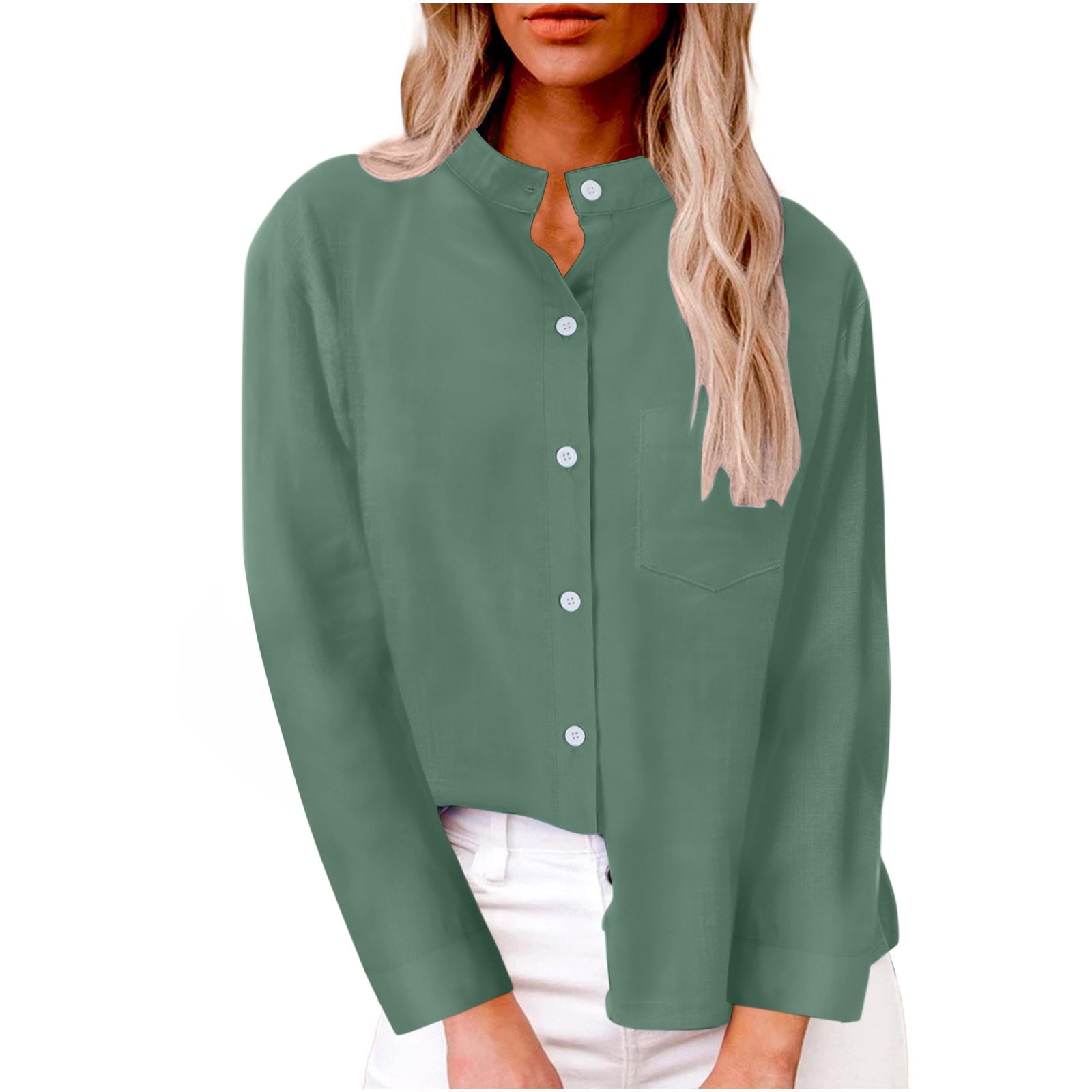 Womens Button Up Shirts 3/4 Sleeve Collarless Solid Color Loose Button ...