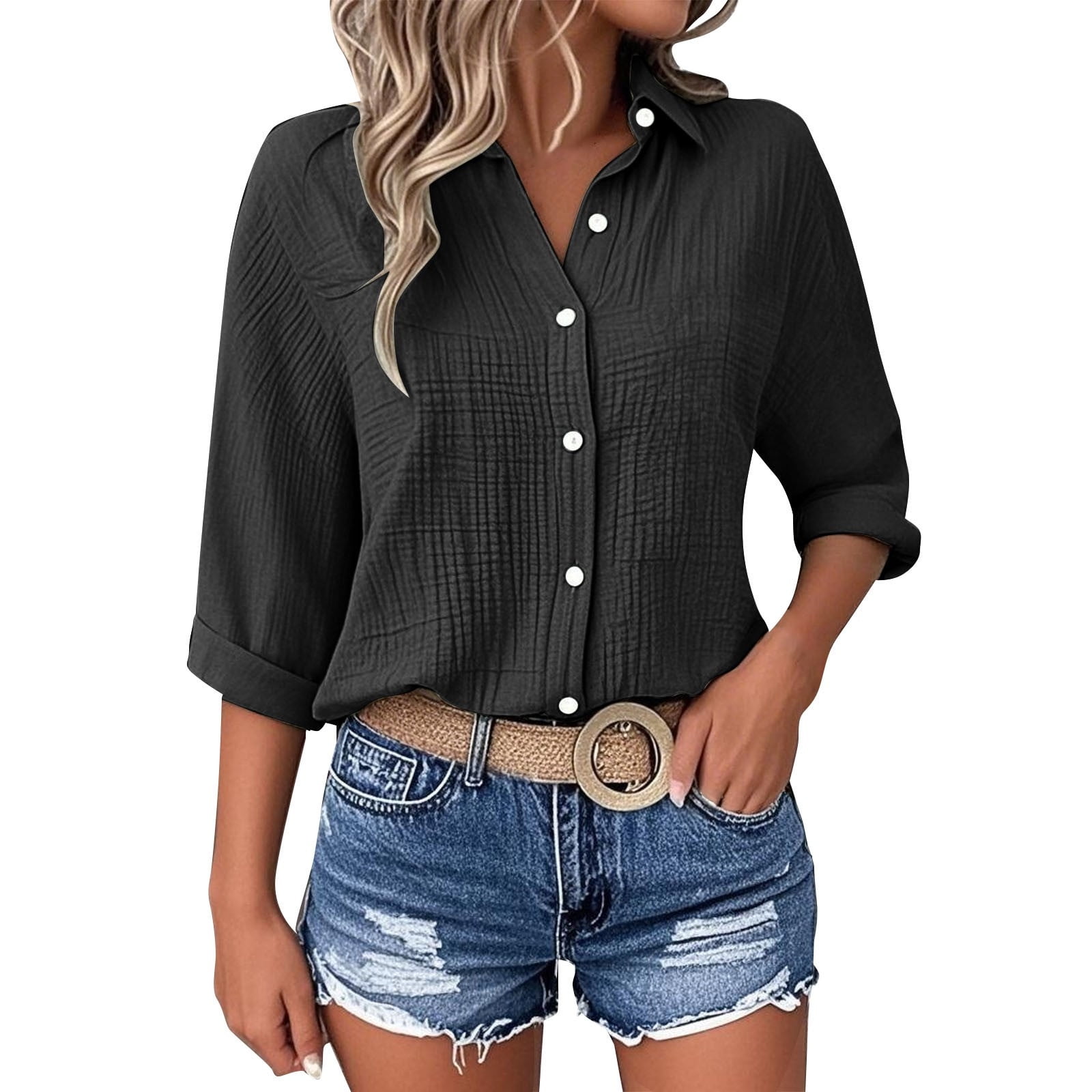 Womens Button Up Shirts Plus Size 3/4 Length Sleeve Tops Lapel Collared ...