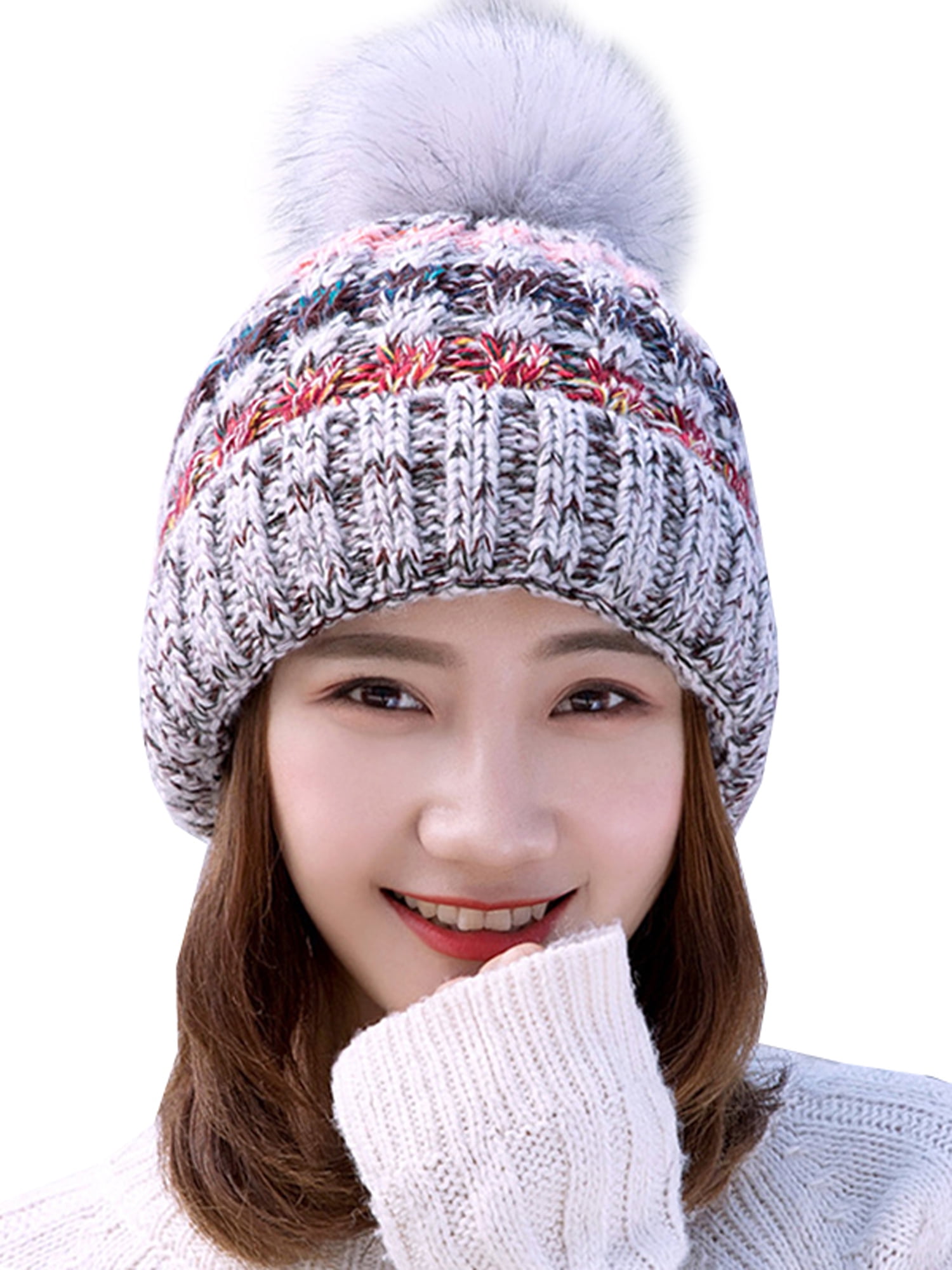 Womens Cable Knitted Bobble Winter Warm Slouchy Pom Pom Ski Beanie Hat