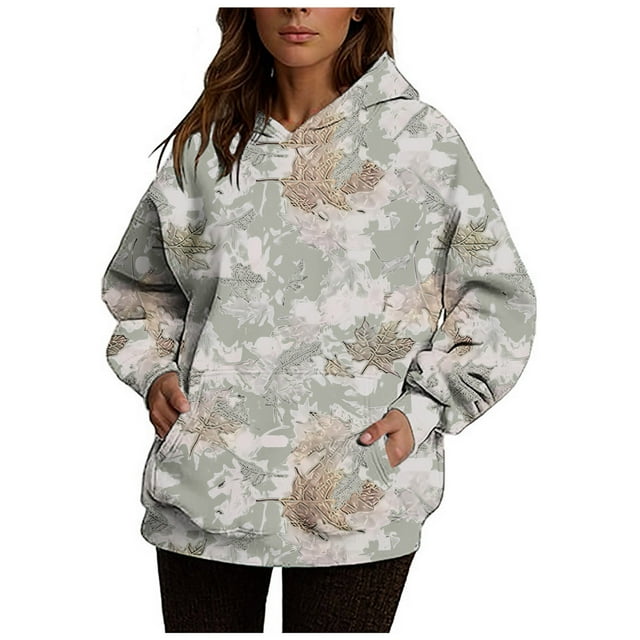 Womens Camo Hoodies Maple Leaf Print Oversized Long Sleeve Hooded