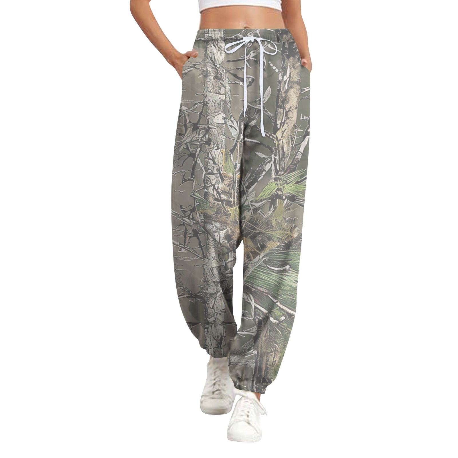 Womens Camo Sweatpants Drawstring High Waisted Lounge Pants Maple Leaf ...