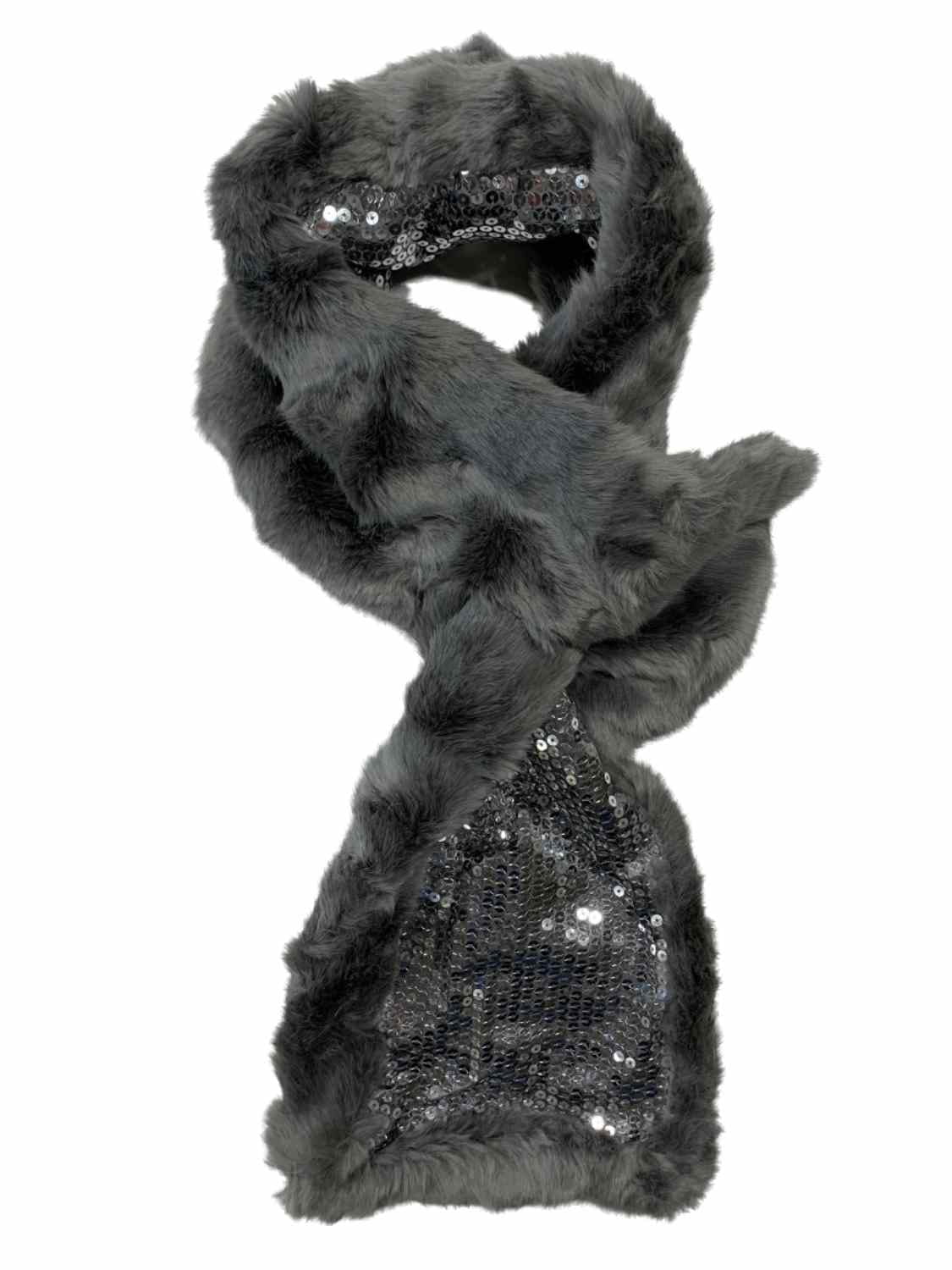 Womens Candies Grey Pull Through Sparkling Sequin & Faux Fur Scarf ...