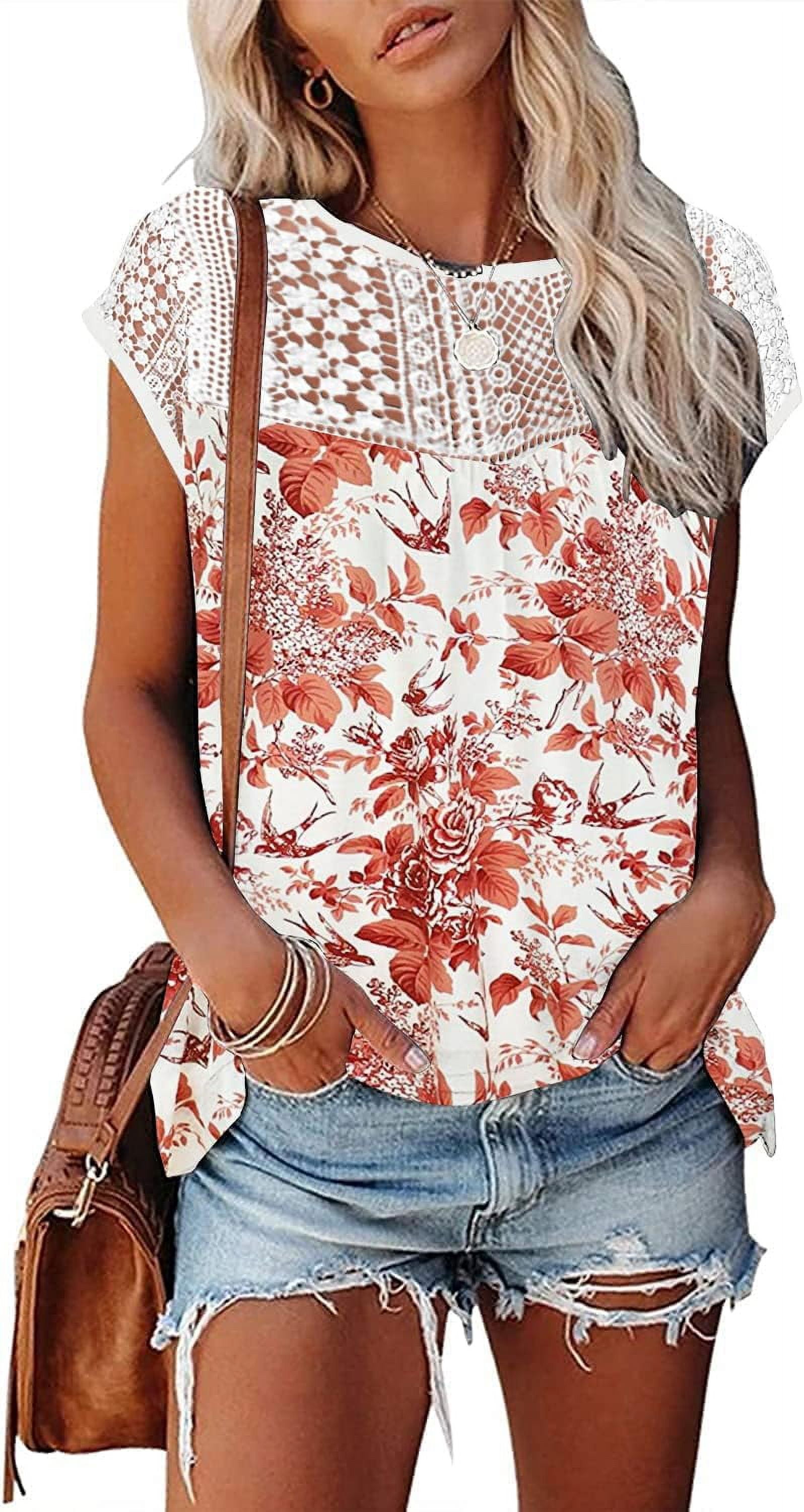 Womens Cap Sleeve Tops 2023 Floral Print Summer Tops Loose Fit Lace T ...