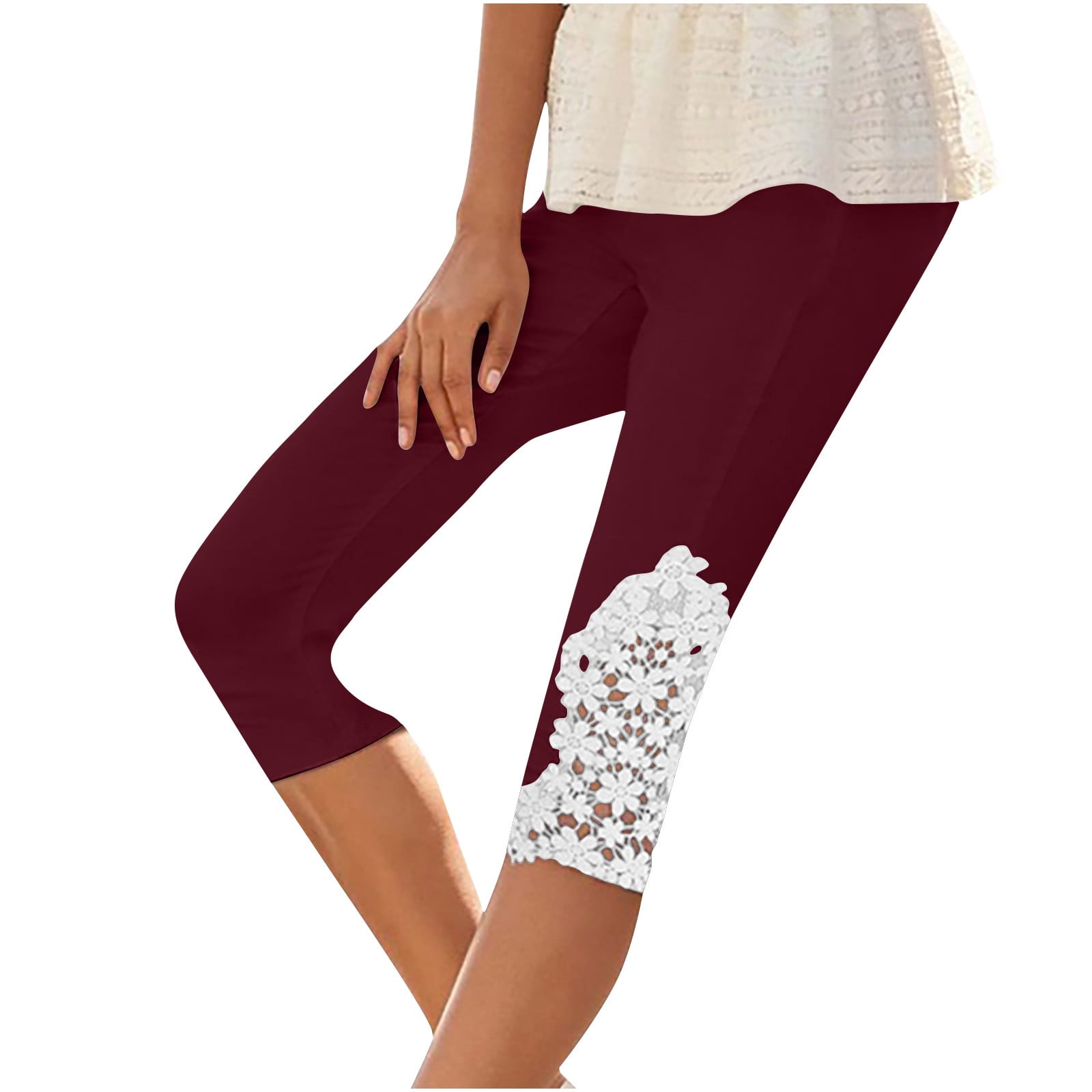Womens Capri Leggings with Floral Lace High Waist Stretch 3/4 Crop Pull ...