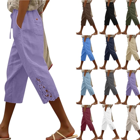 Womens Capri Pants Drawstring Elastic Waist Summer Casual Side Hollow ...