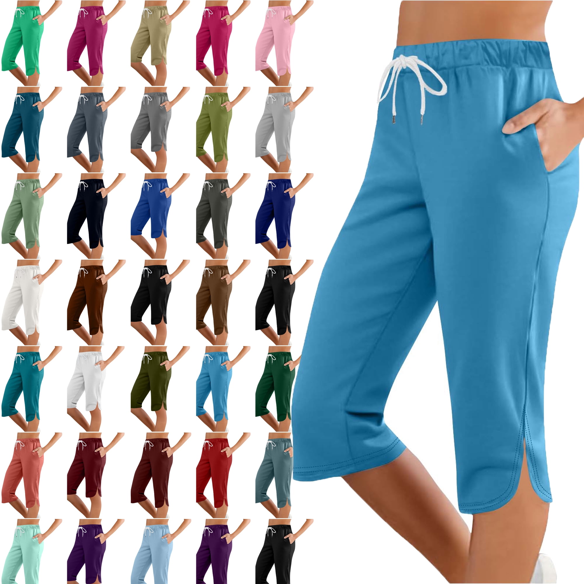 Womens Capri Solid Color Printing Elastic Waist Sports Casual Capris ...