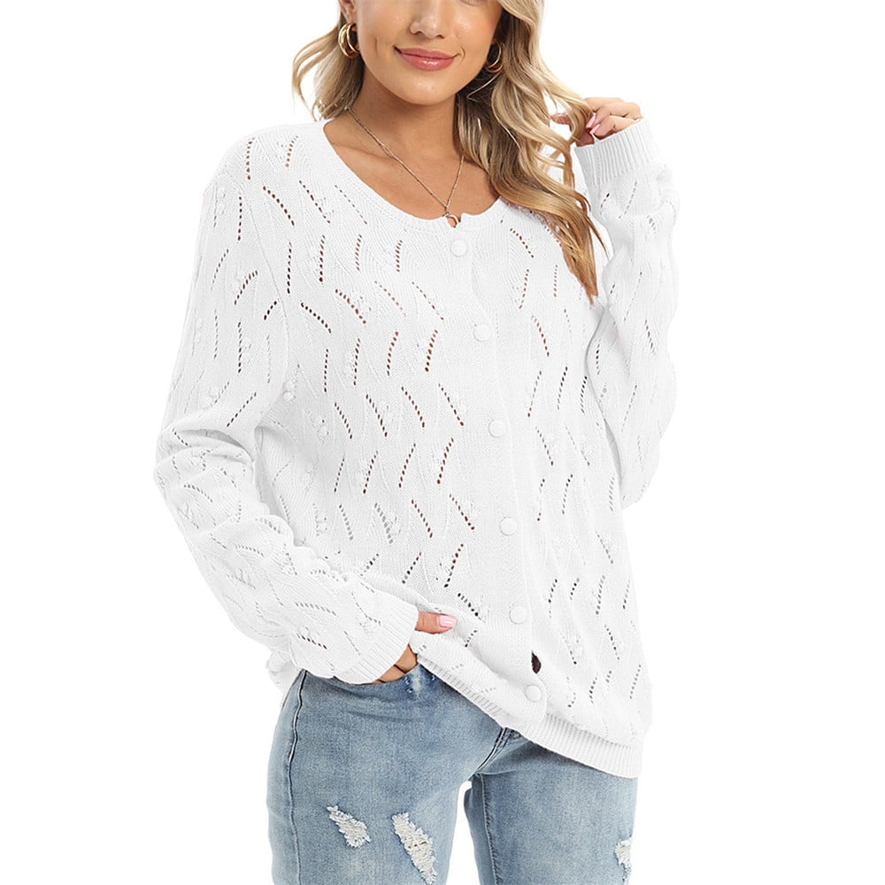 Womens Cardigan Sweater Thin Knit Cardigan Pompon Long Sleeve V Neck ...