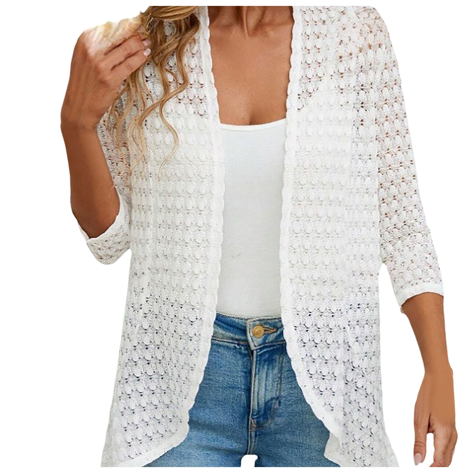 Womens Cardigans Lightweight Cropped 3/4 Sleeve Crochet Hollowed Out ...