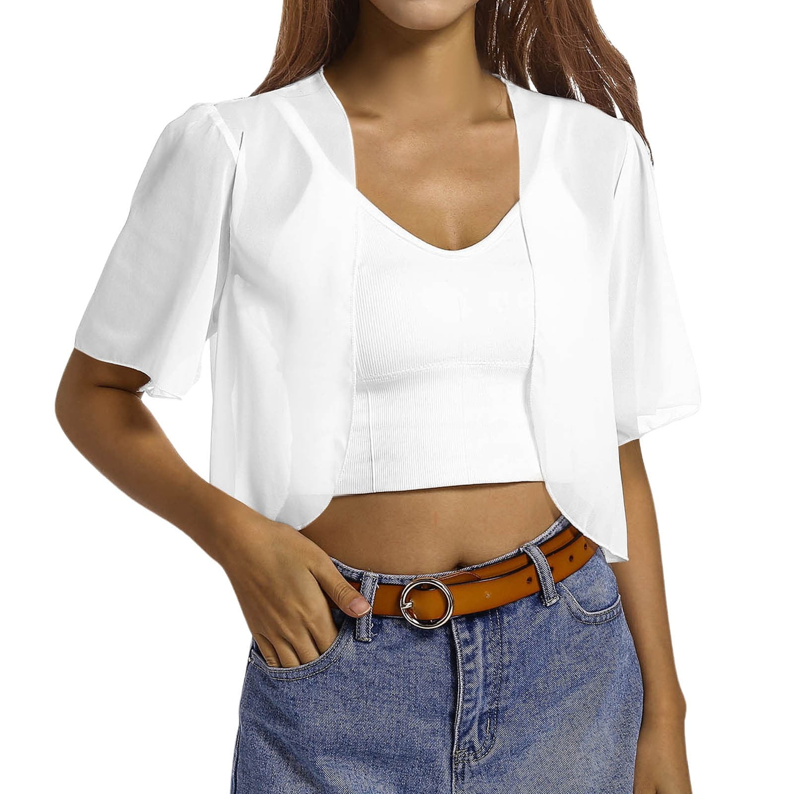 Womens Cardigans Mesh Irregular Crop Short Sleeve Cardigan Solid Color ...