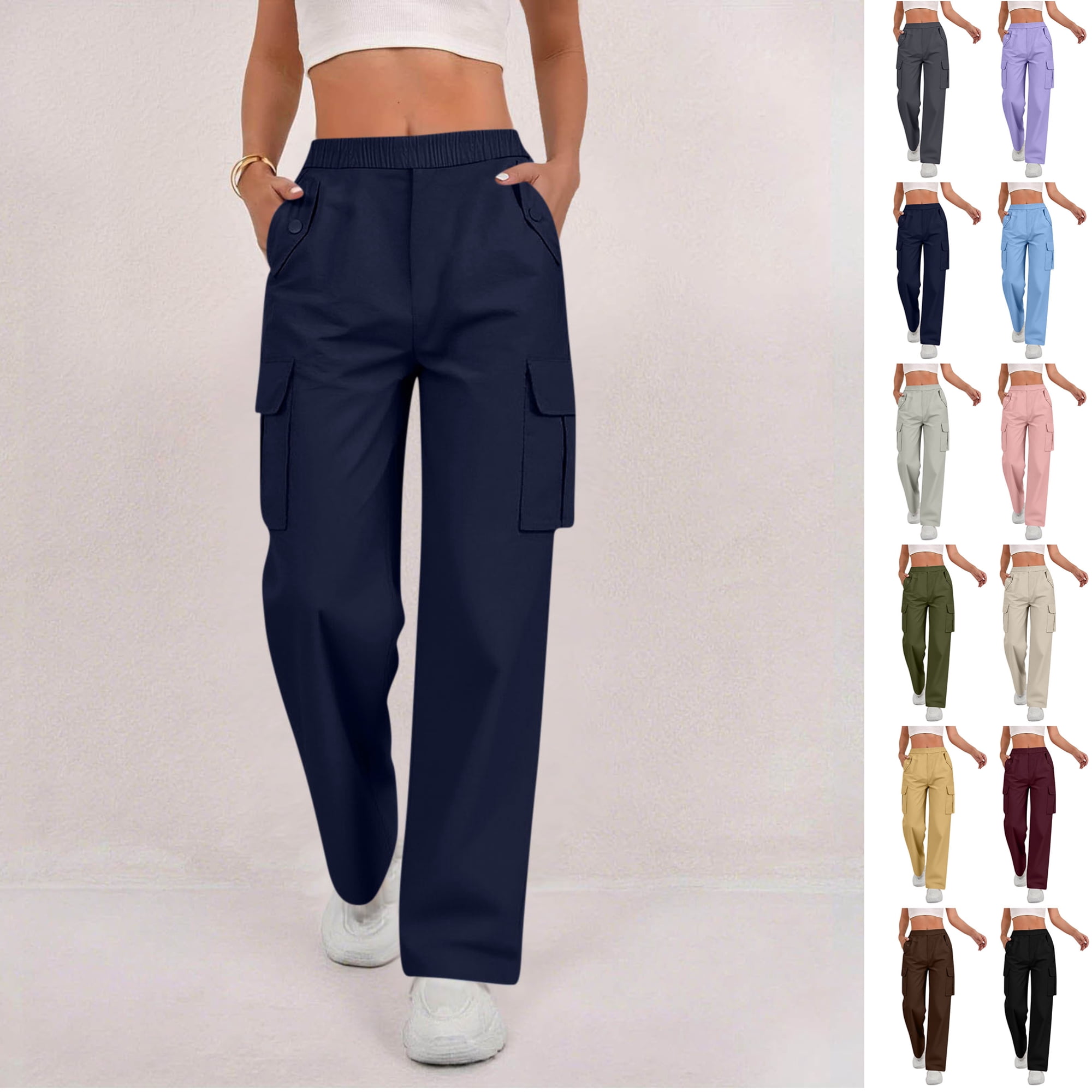 Womens Cargo Pants Solid Color Womens Wide Leg Pants Stretch Belt Long ...