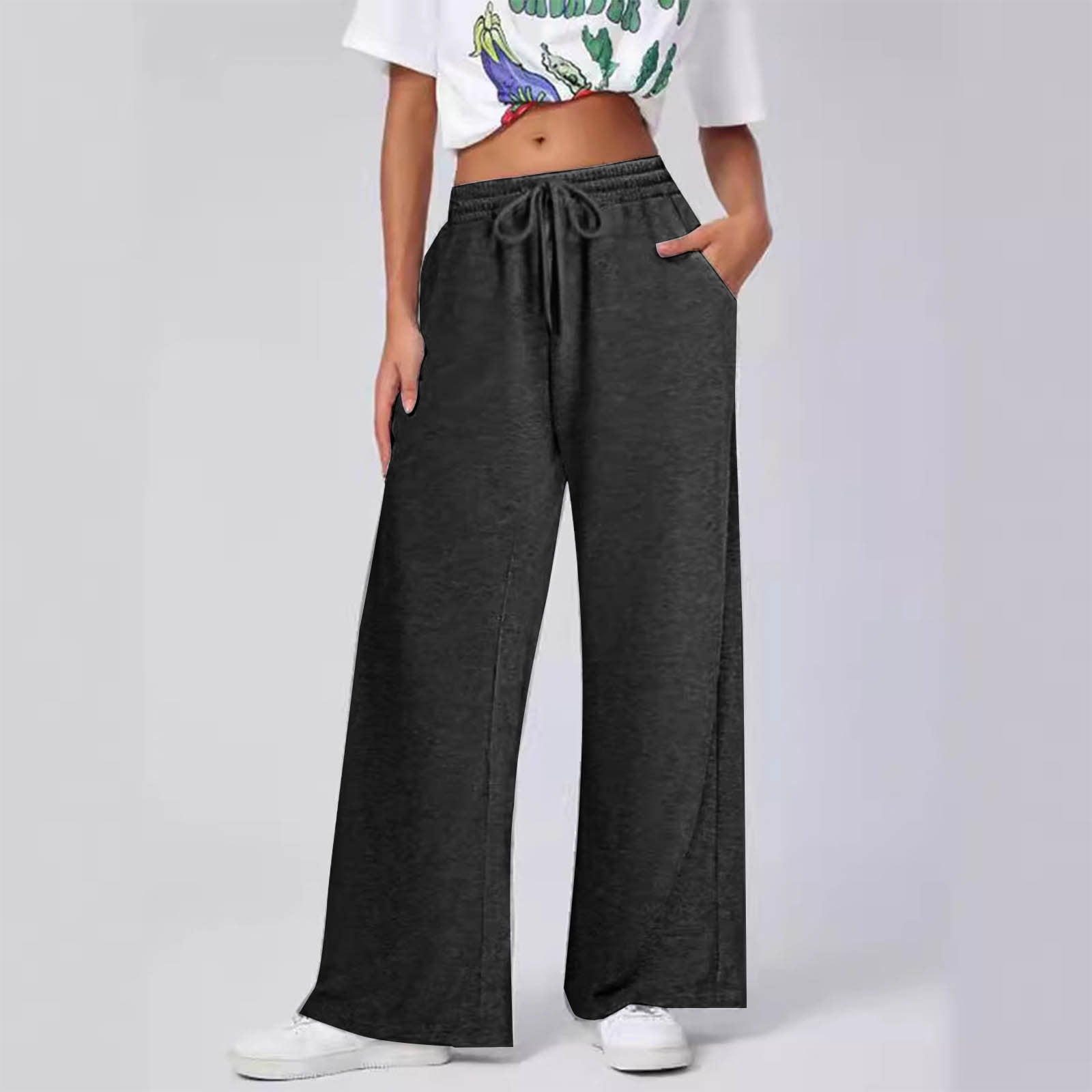 Womens Cargo Pants with Pockets Elastic Lace-Up Casual Solid Color High-Waisted Wide-Leg Yoga ...