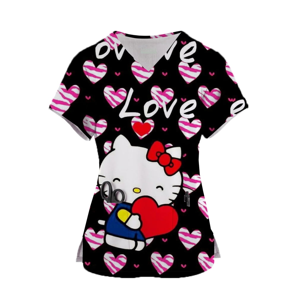 Womens Cartoon Hello Kitty Print Kawaii Nurse Uniform Scrubs Tops Short ...
