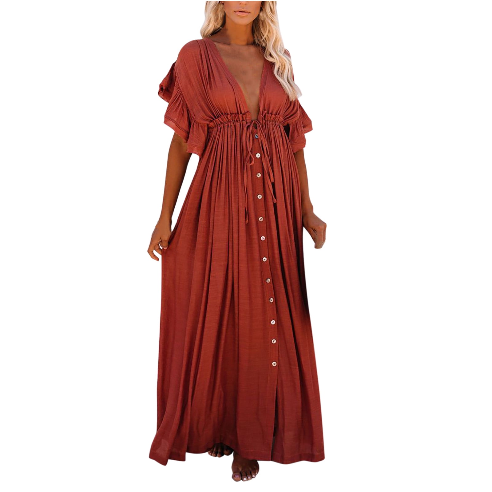 Womens Casual Beach Blouse Button Drawstring Long Skirt Sun Protection ...