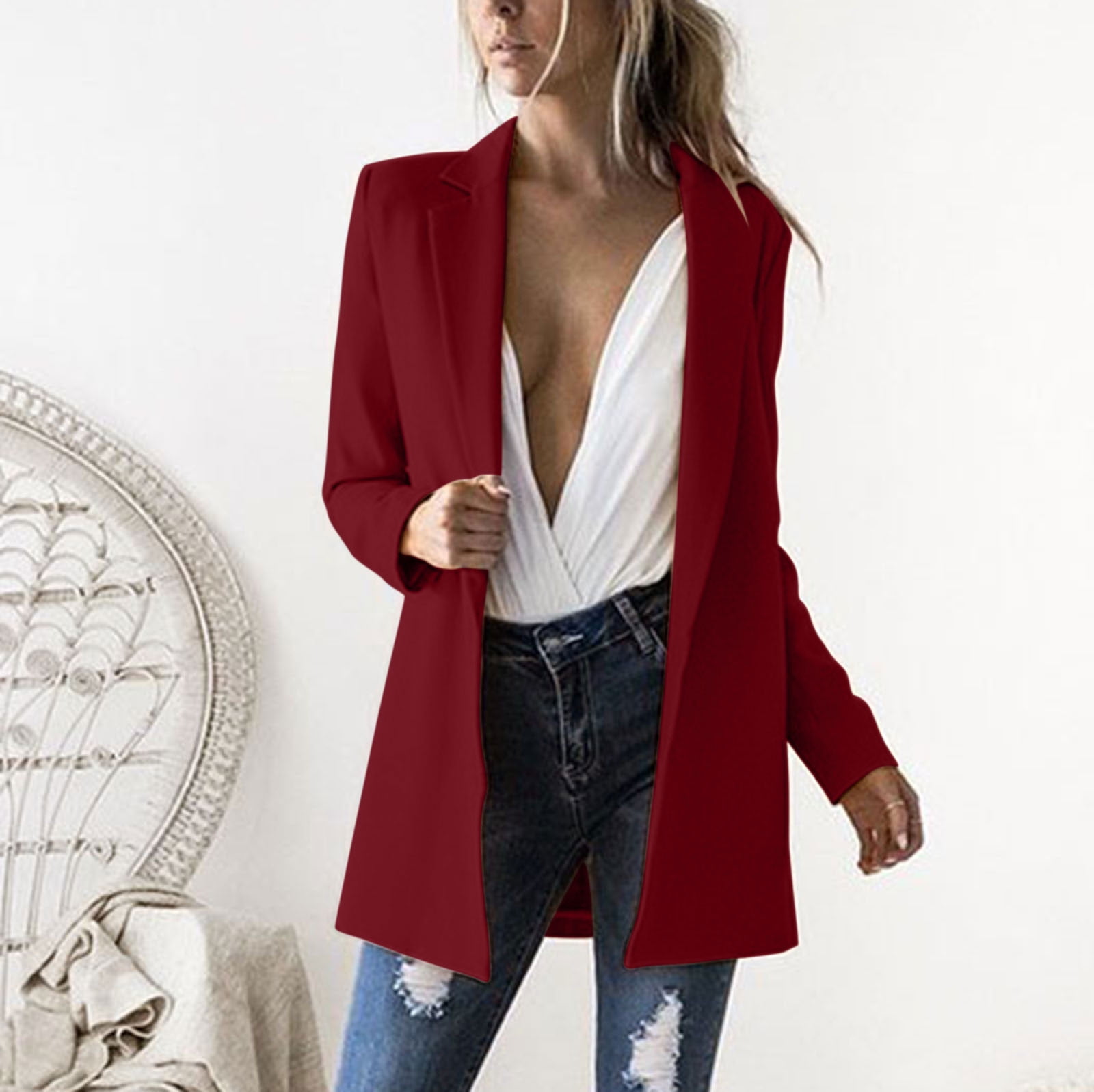 Womens Casual Blazer 2024 Long Sleeve Open Front Business Suit Jacket ...