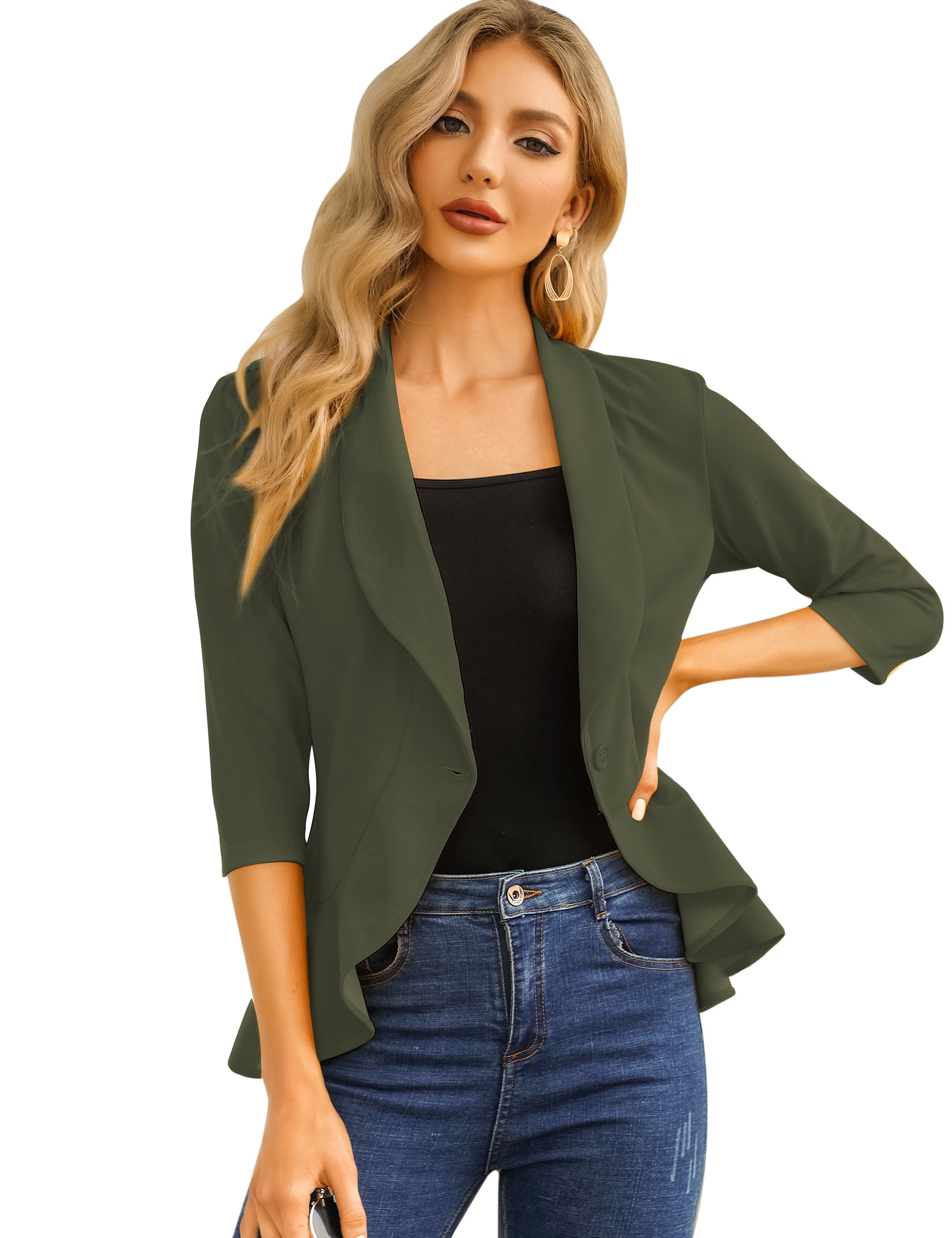 Womens Casual Blazer 3/4 Sleeve Open Front Ruffle Work Office Cardigan ...