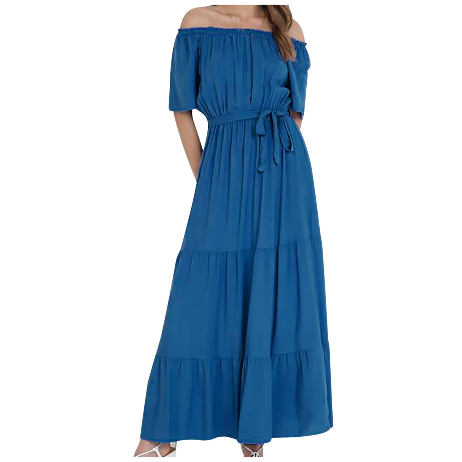 Womens Casual Bohemian Off Shoulder Loose Short Sleeve A Line Solid ...