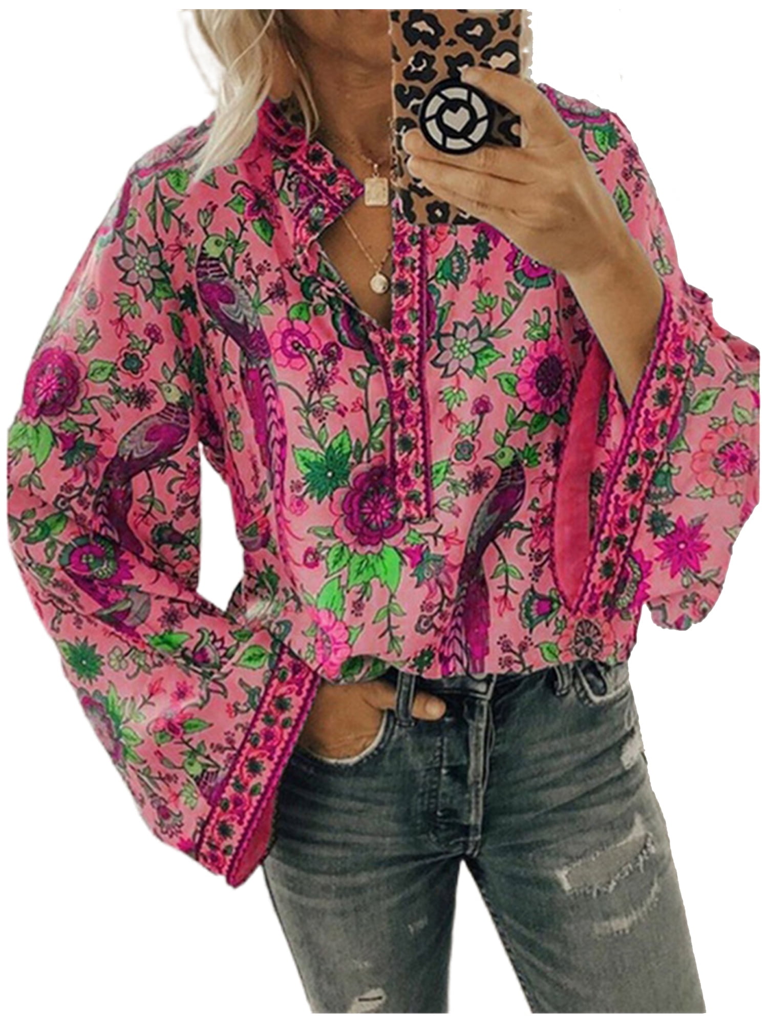 Womens Casual Boho V Neck Top Loose Floral Print Bell Long Sleeve Beach Shirt Blouse - Walmart.com
