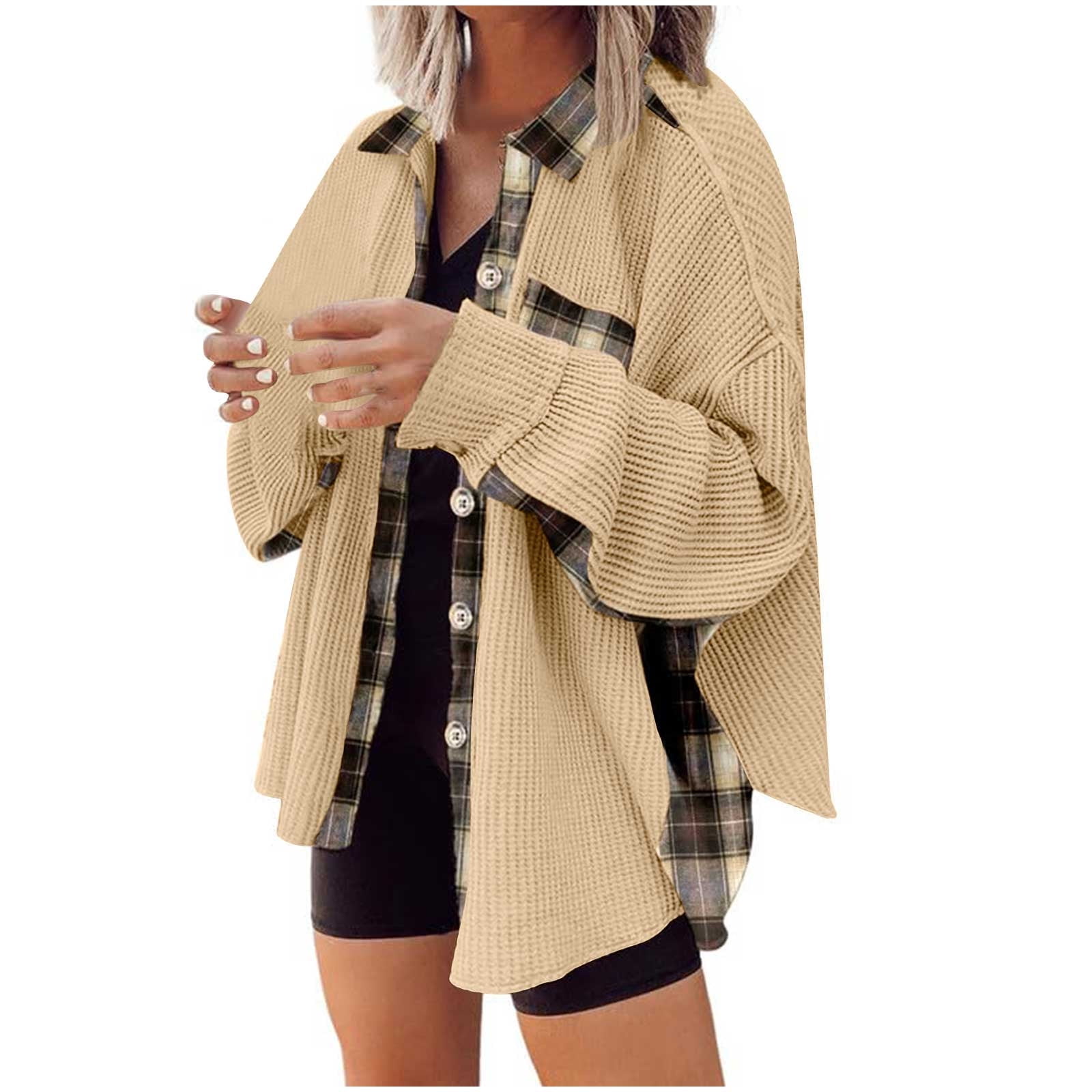 Womens Casual Cargo Sweater Jacket Long Sleeve Plaid Shacket Patchwork ...