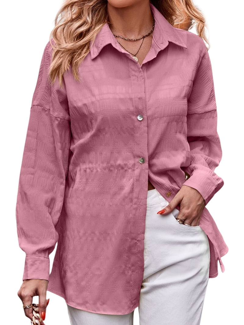 Womens Casual Collared Blouse Loose Fit Long Sleeve Button Down ...