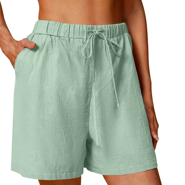 Womens Casual Cotton Elastic Drawstring Summer Beach Pocketed Shorts ...