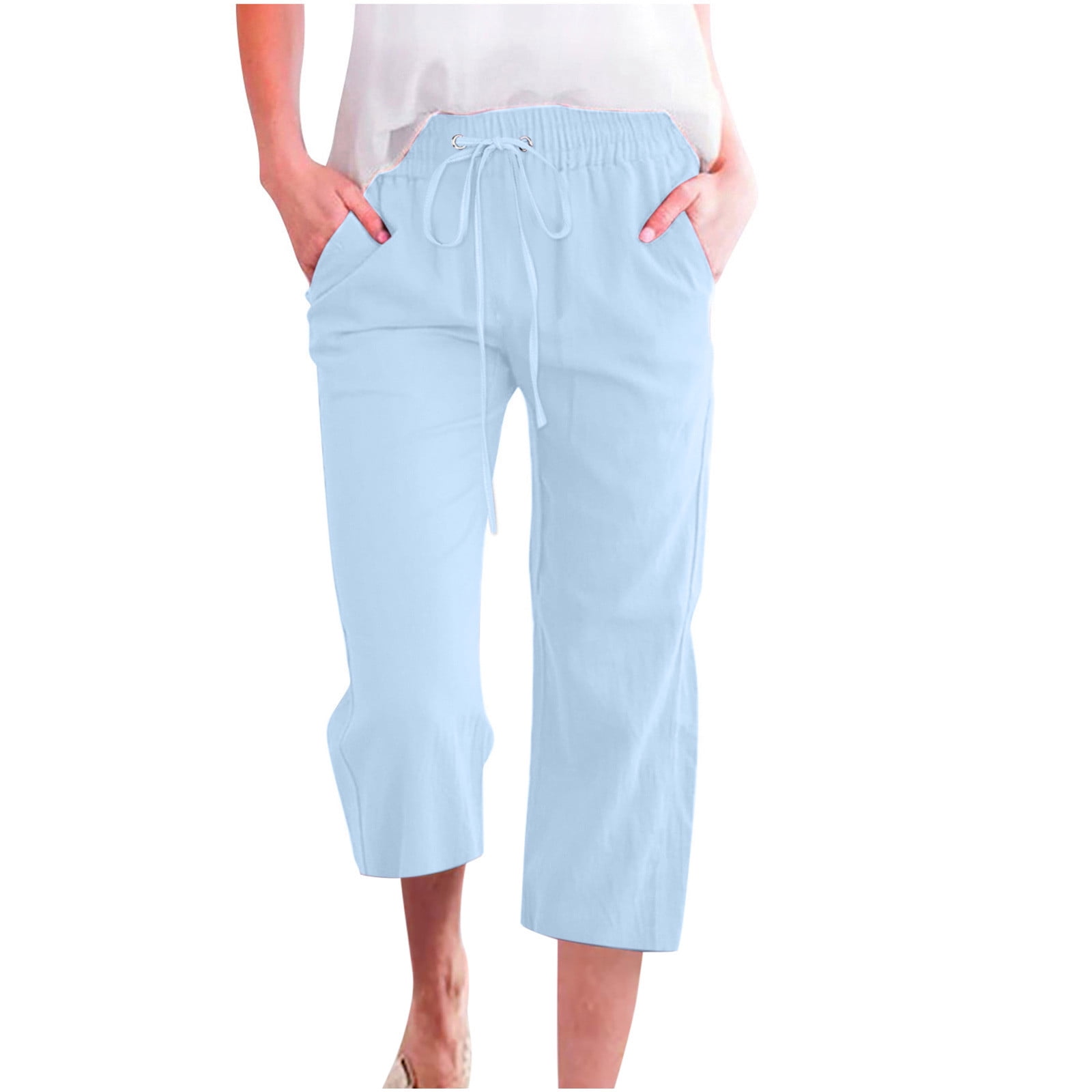 Womens Casual Cotton Linen Pants Summer Capris 2024 Drawstring Elastic Wasit Cropped Leg Pants ...