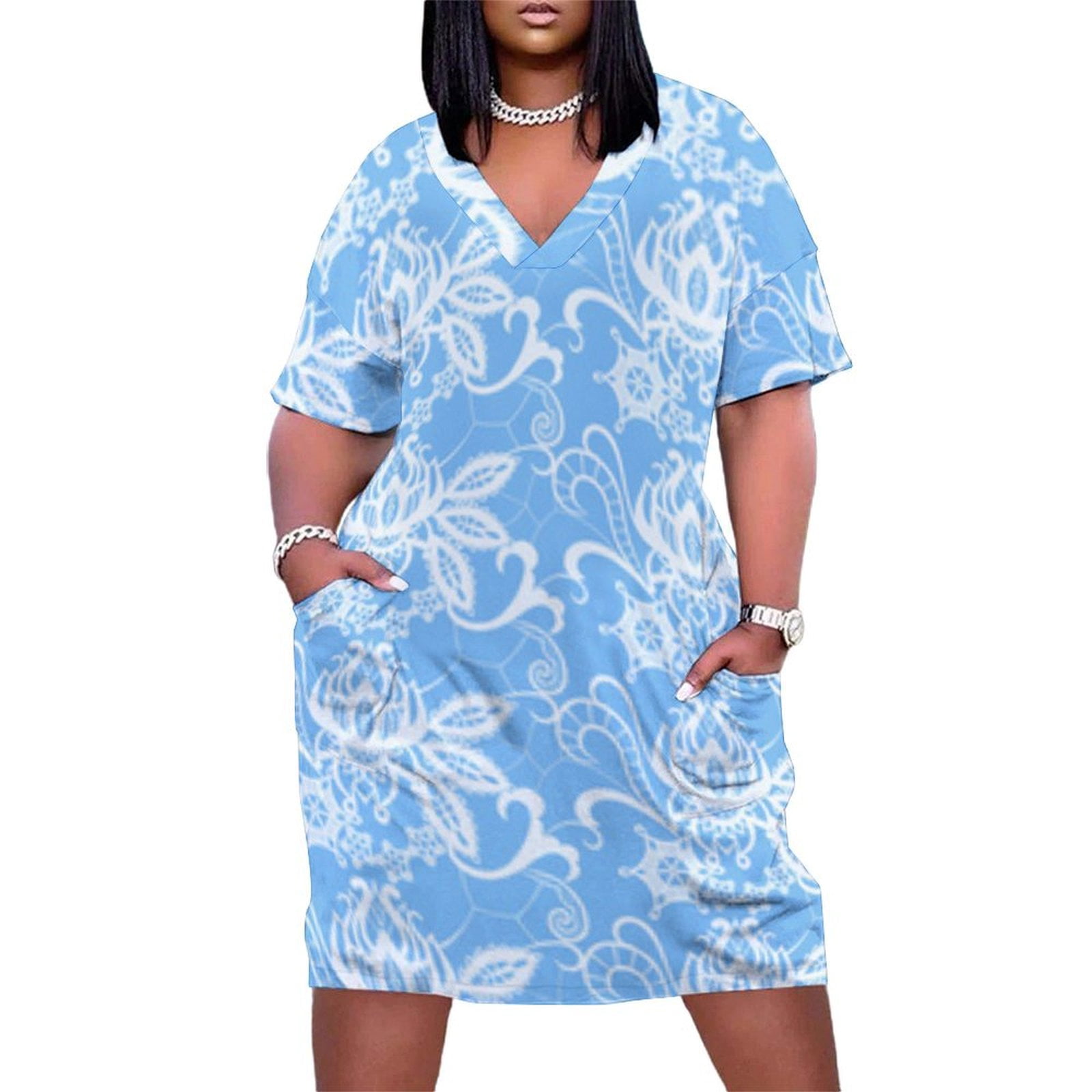 Womens Casual Dresses Blue Background White Lace Pattern Short Sleeve ...