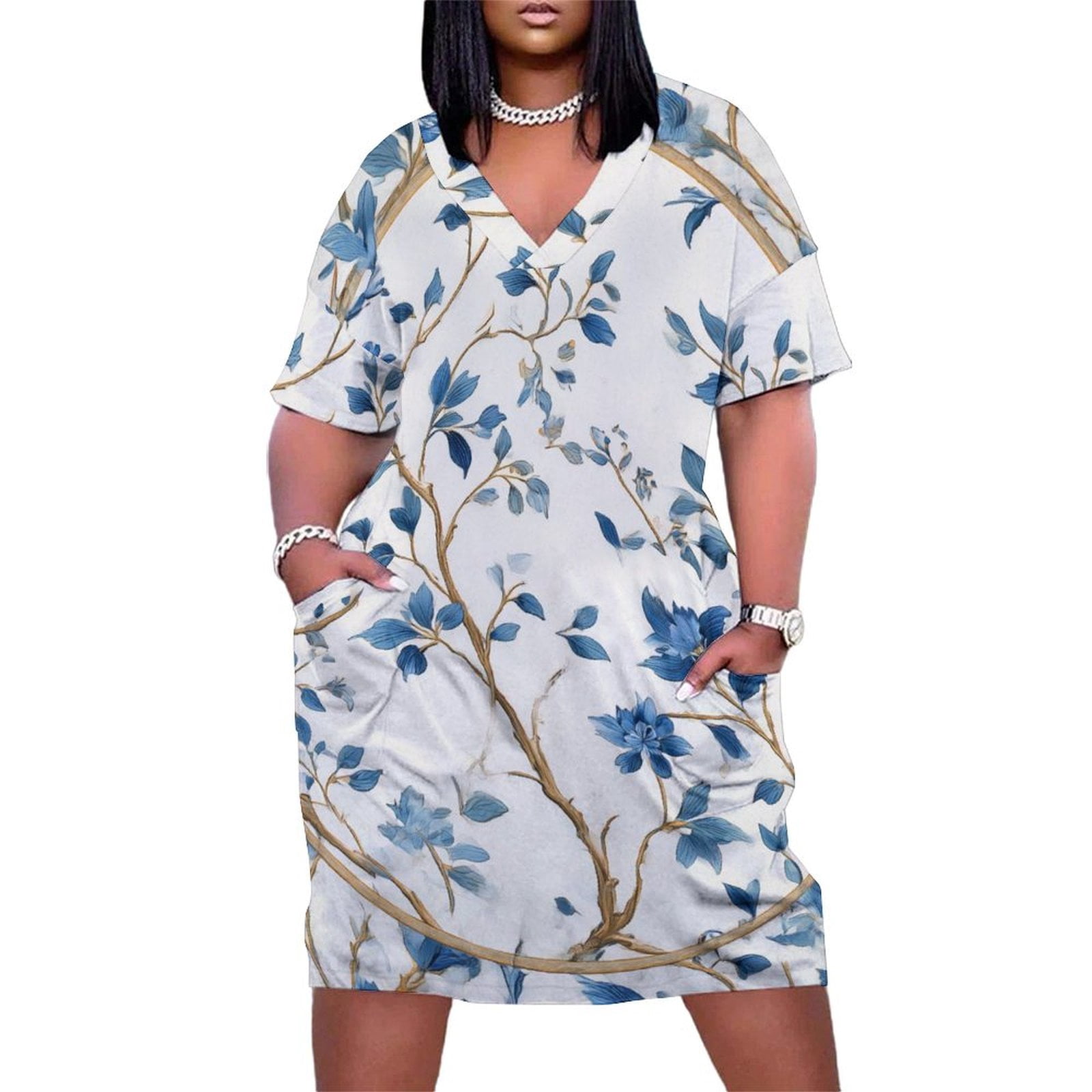 Womens Casual Dresses Elegant Blue Floral Circular Design Short Sleeve ...