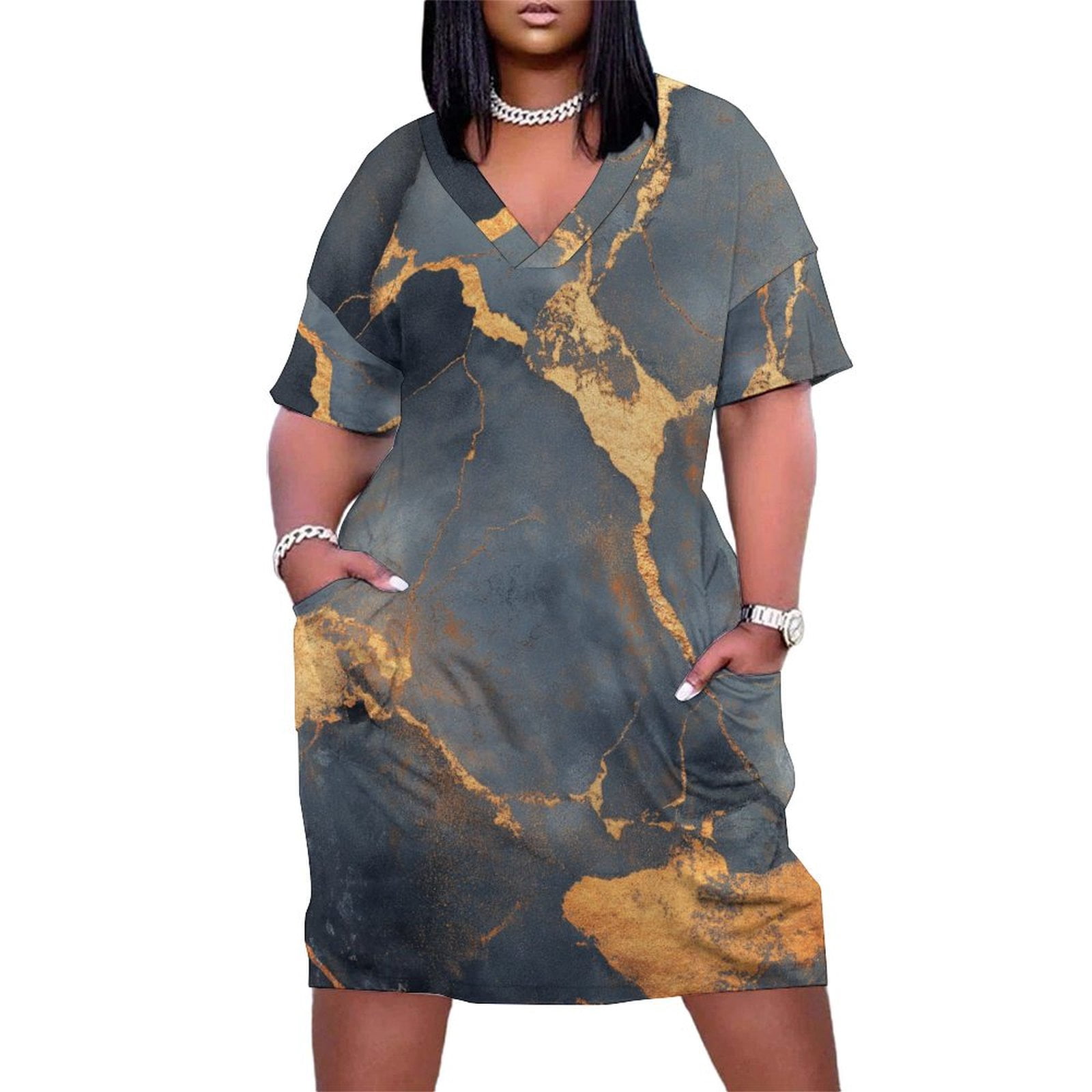 Womens Casual Dresses Marble Texture Short Sleeve Dress Summer Dresses ...