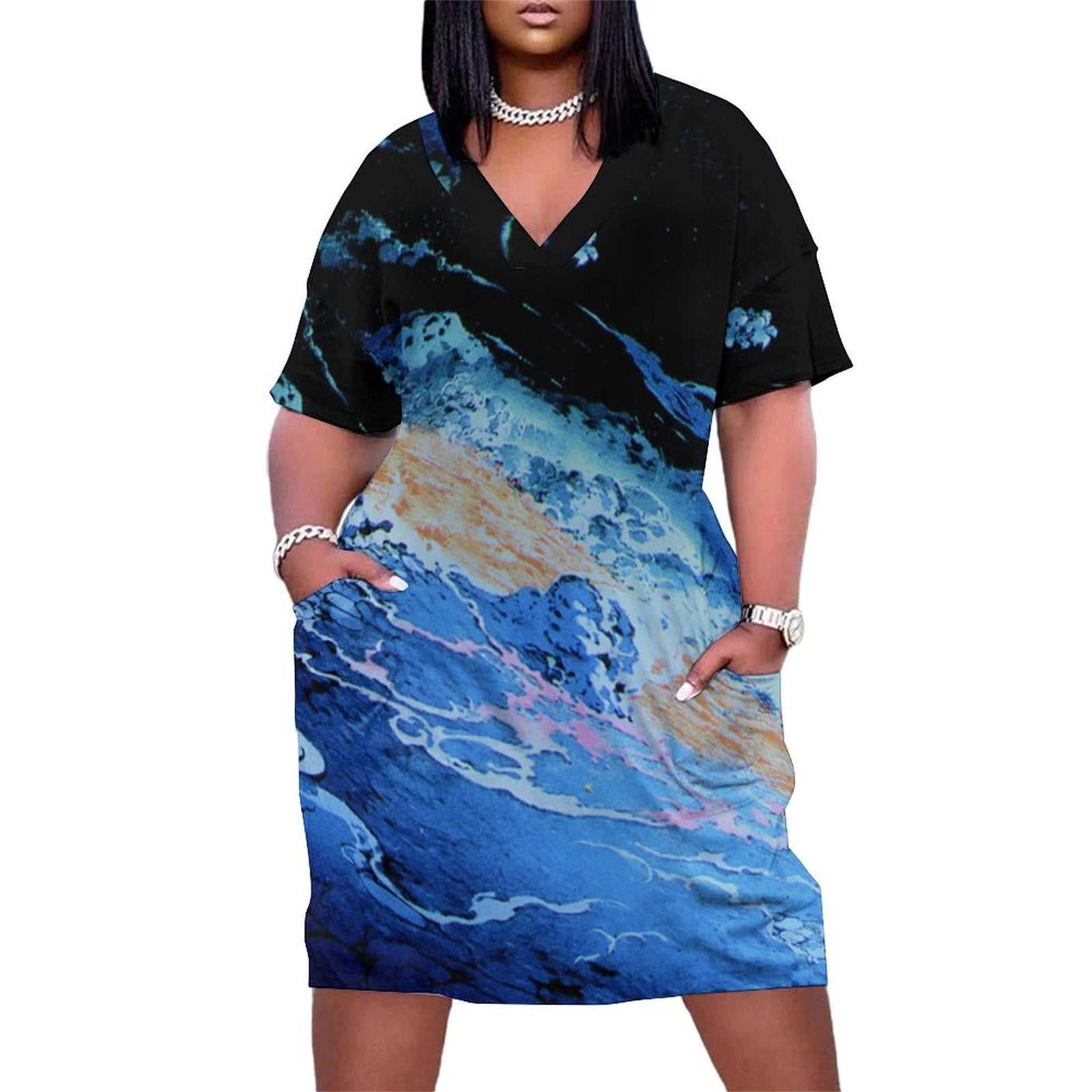 Womens Casual Dresses Marble Texture Short Sleeve Dress Summer Dresses ...