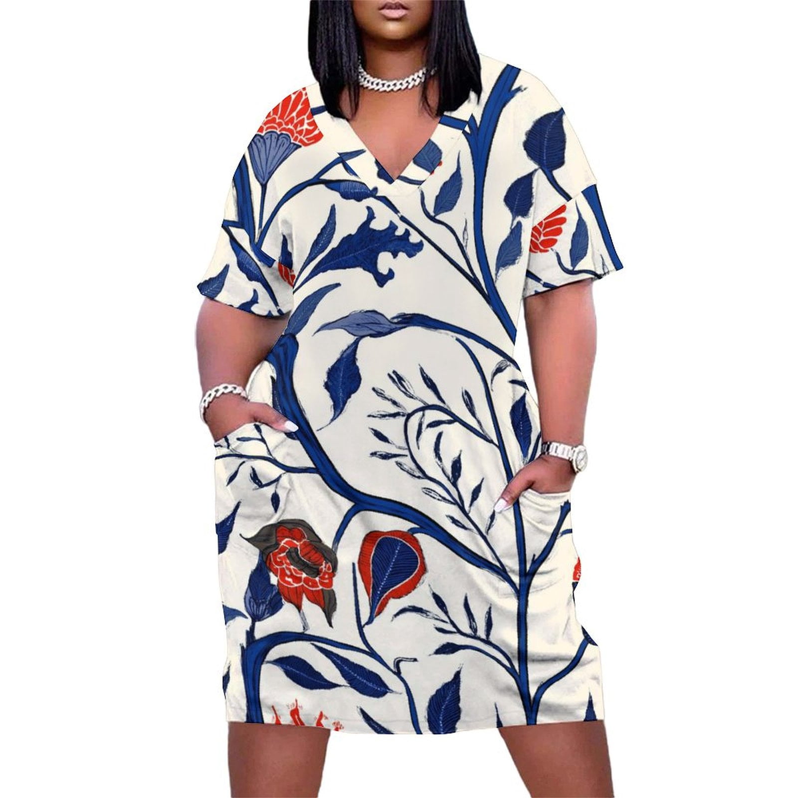 Womens Casual Dresses Navy Blue Floral Red Cream Pattern Short Sleeve ...