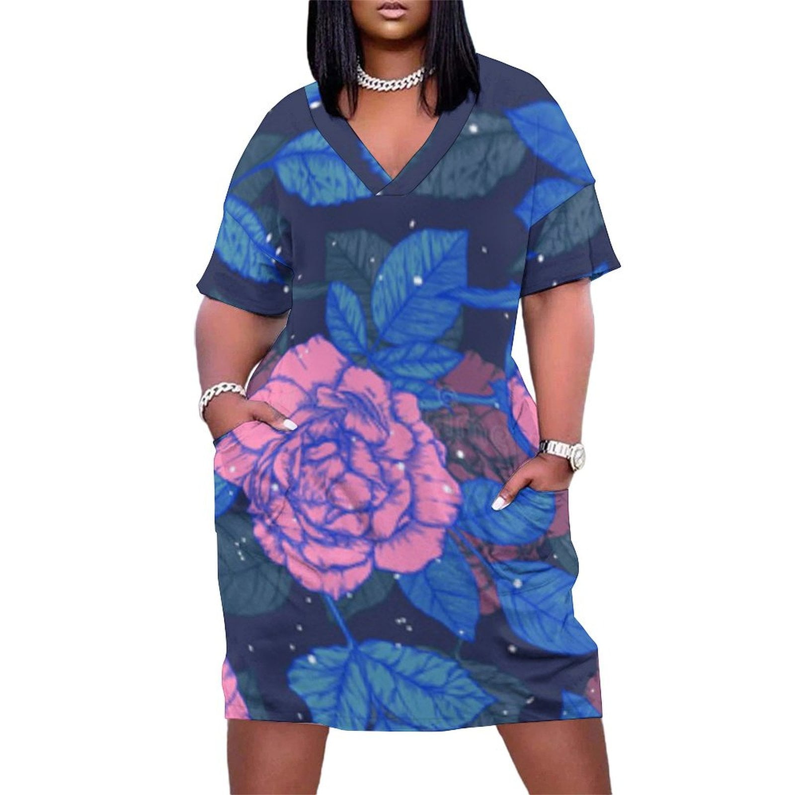 Womens Casual Dresses Pink Roses Blue Leaves Night Sky Short Sleeve ...