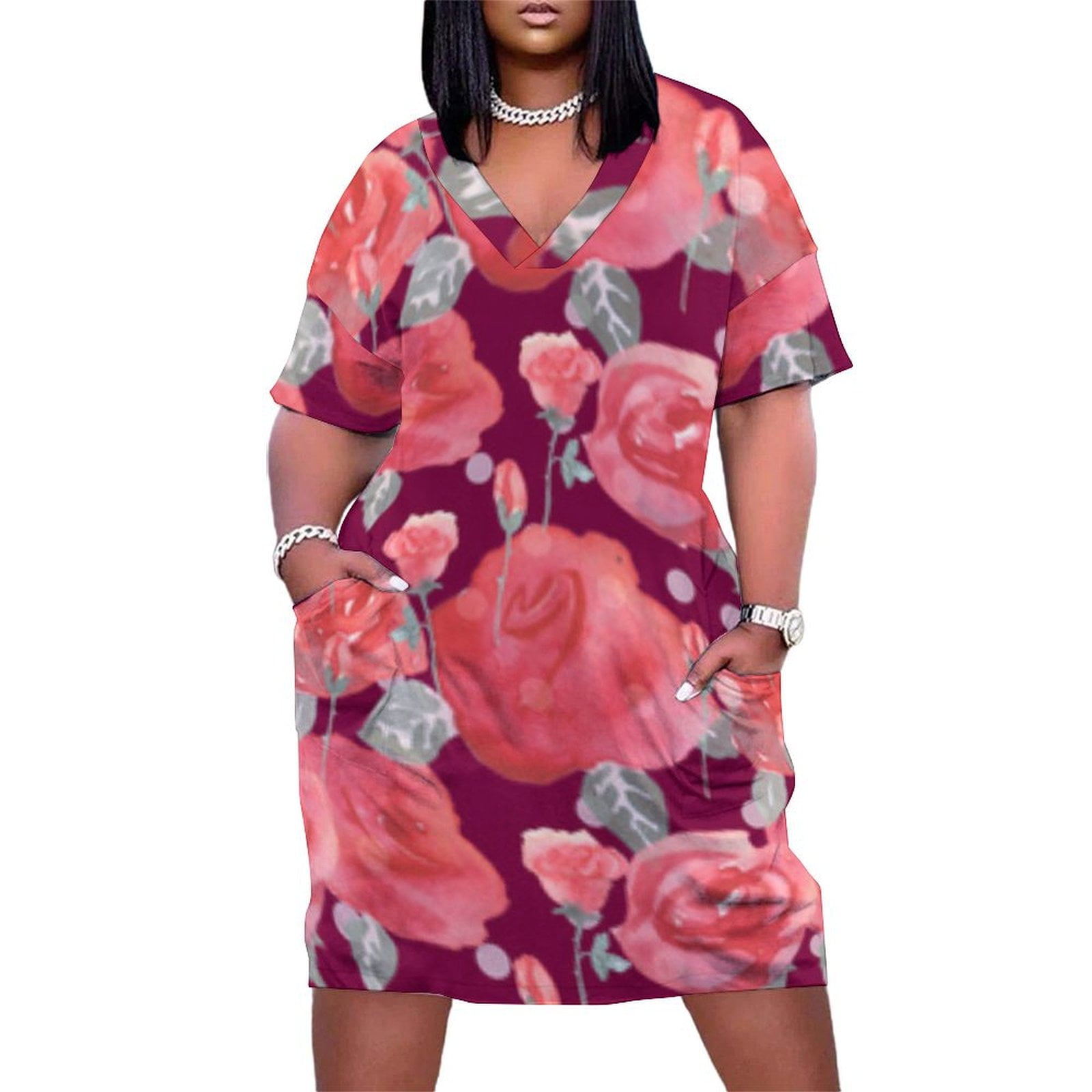 Womens Casual Dresses Pink Roses Maroon Background Watercolor Print ...