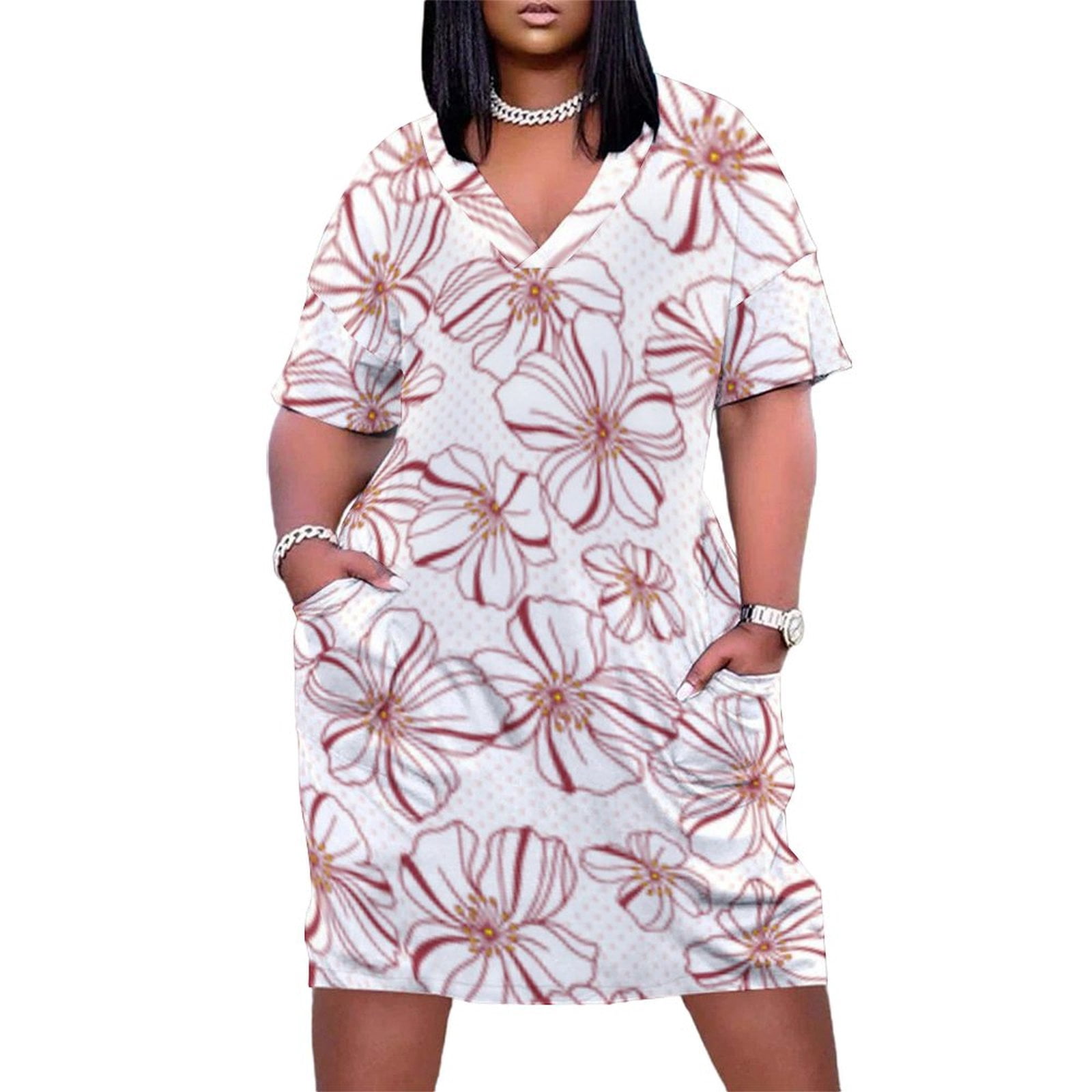 Womens Casual Dresses Red Flowers White Background Seamless Pattern ...