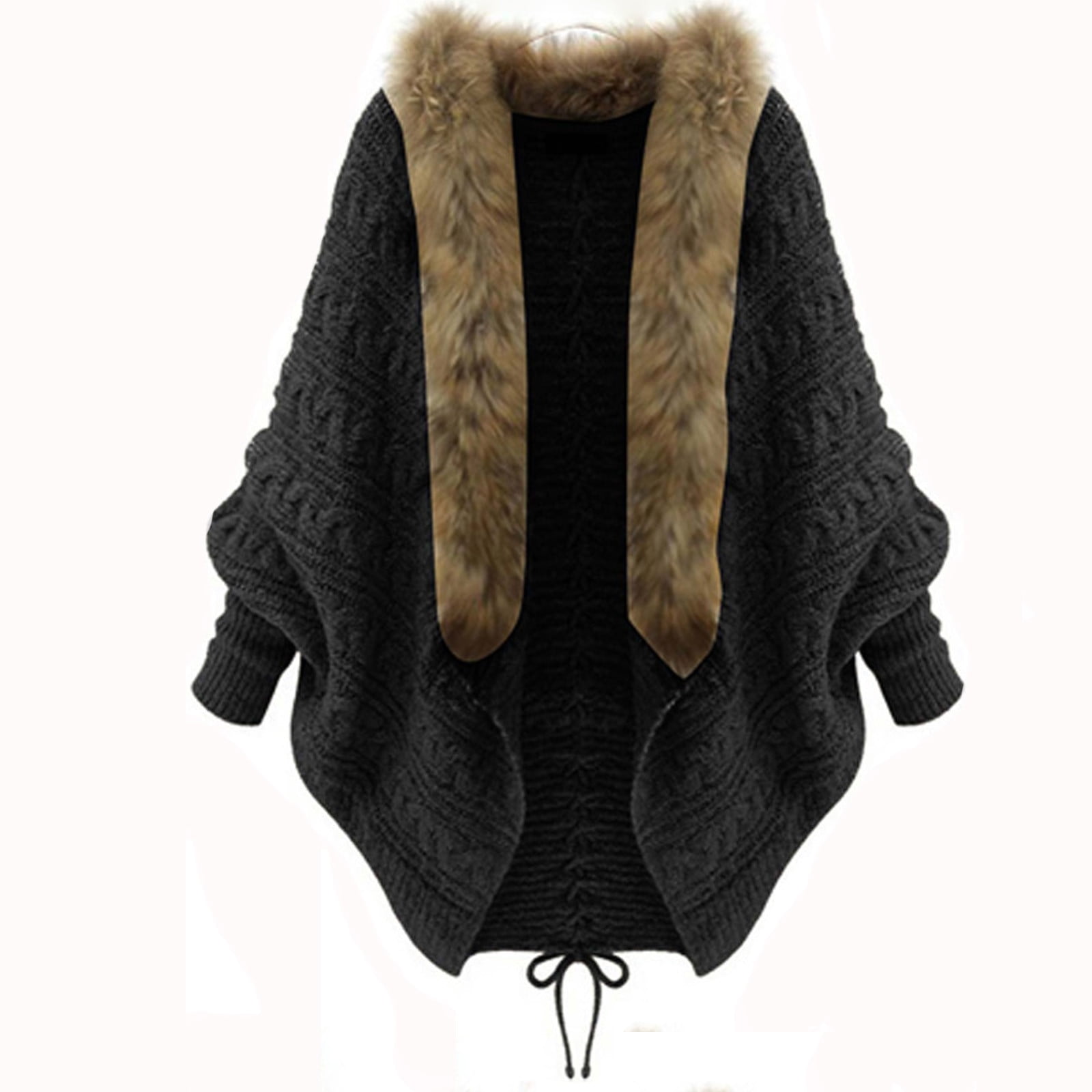 Womens Casual Knitted Cape Cardigan Faux Fur Collar Solid Color Long ...