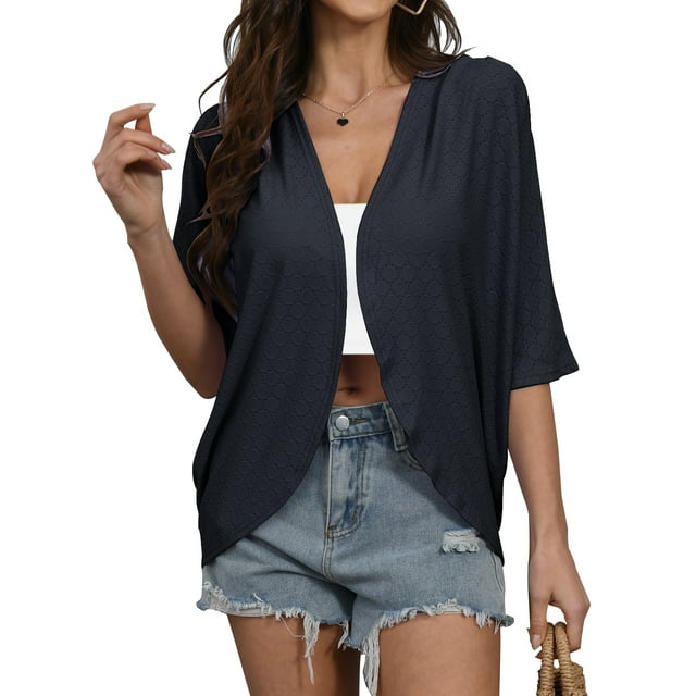 Womens Casual Lightweight Cardigans Hollow Out Open Front 3/4 Sleeve ...