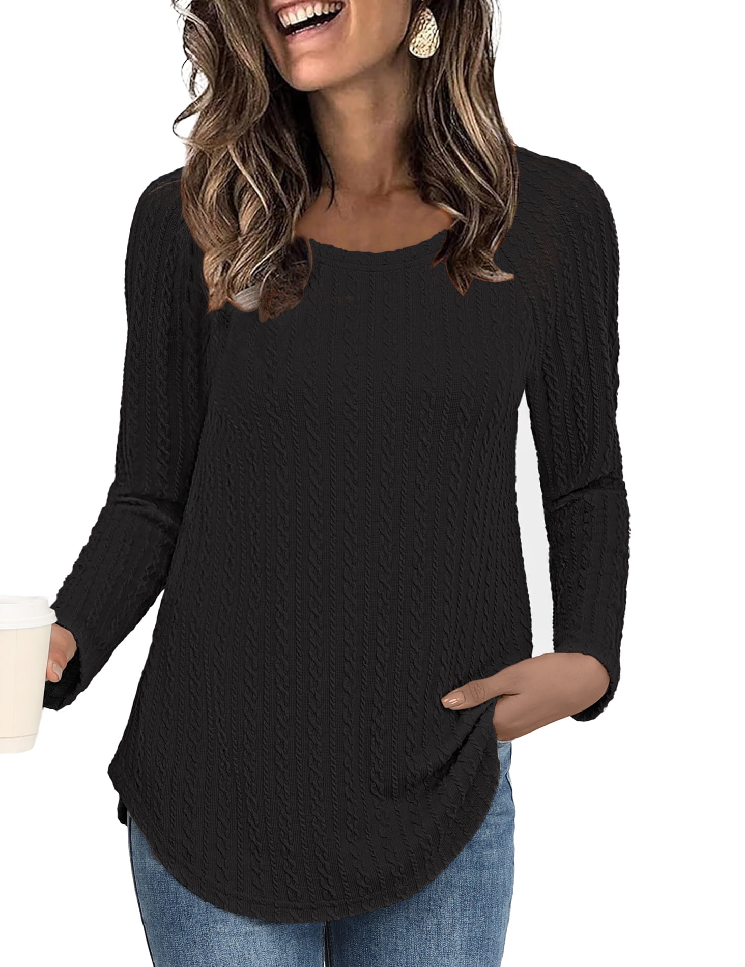 Womens Casual Long Sleeve Shirt Crewneck Twist knit Loose Tunic Tops ...
