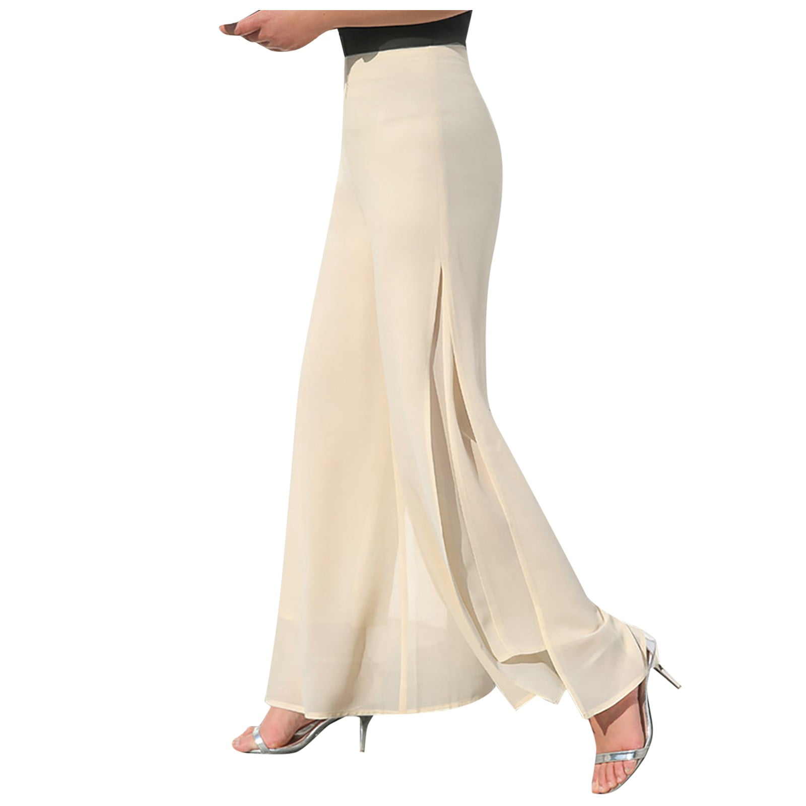 Womens Casual Pants Ladies Lightweight Chiffon High Elastic Waist ...